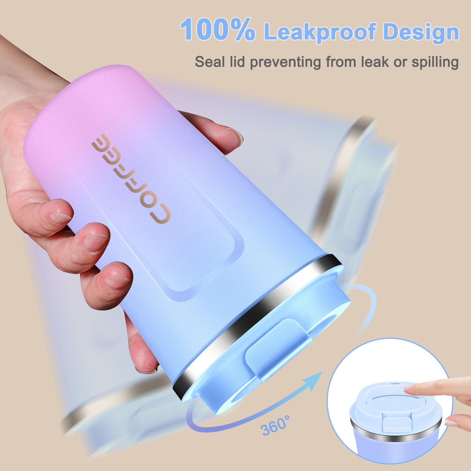 JTRYEMU Travel coffee mug 12 oz Insulated Coffee cup with lid reusable Leak proof Coffee Tumbler Stainless Steel Vacuum Gradient Colorful Thermos cup Thermal Keeps Cold and Hot for Coffee/Tea