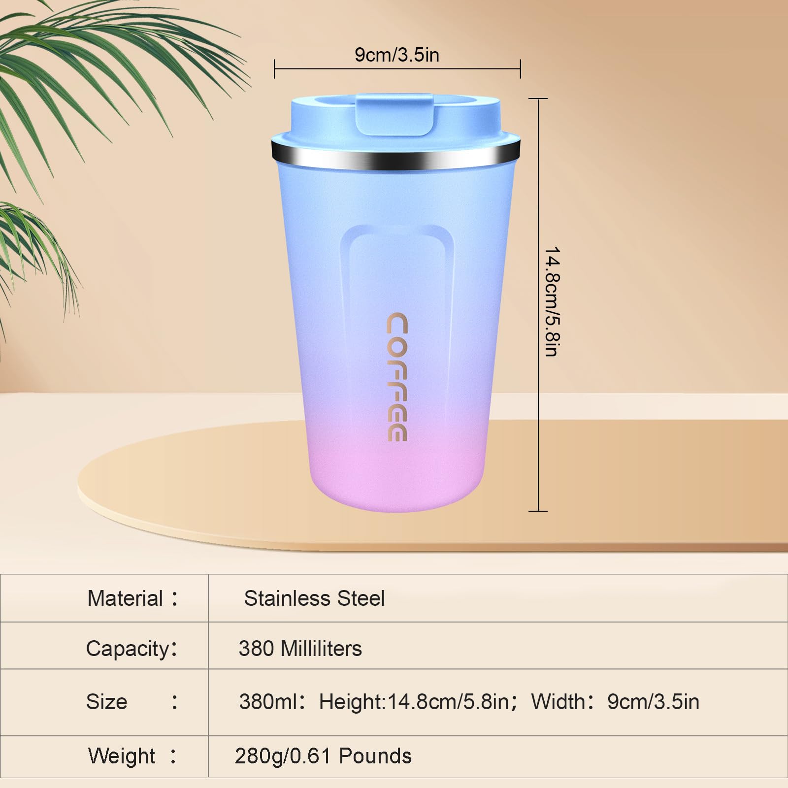JTRYEMU Travel coffee mug 12 oz Insulated Coffee cup with lid reusable Leak proof Coffee Tumbler Stainless Steel Vacuum Gradient Colorful Thermos cup Thermal Keeps Cold and Hot for Coffee/Tea
