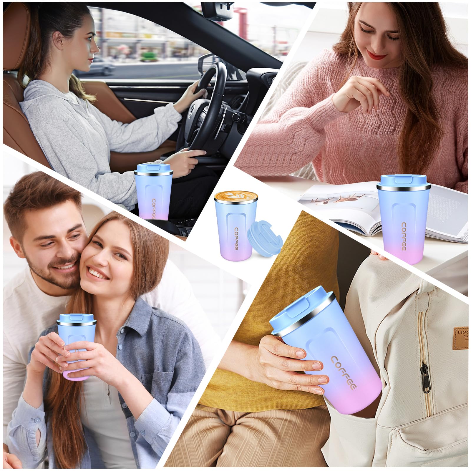 JTRYEMU Travel coffee mug 12 oz Insulated Coffee cup with lid reusable Leak proof Coffee Tumbler Stainless Steel Vacuum Gradient Colorful Thermos cup Thermal Keeps Cold and Hot for Coffee/Tea