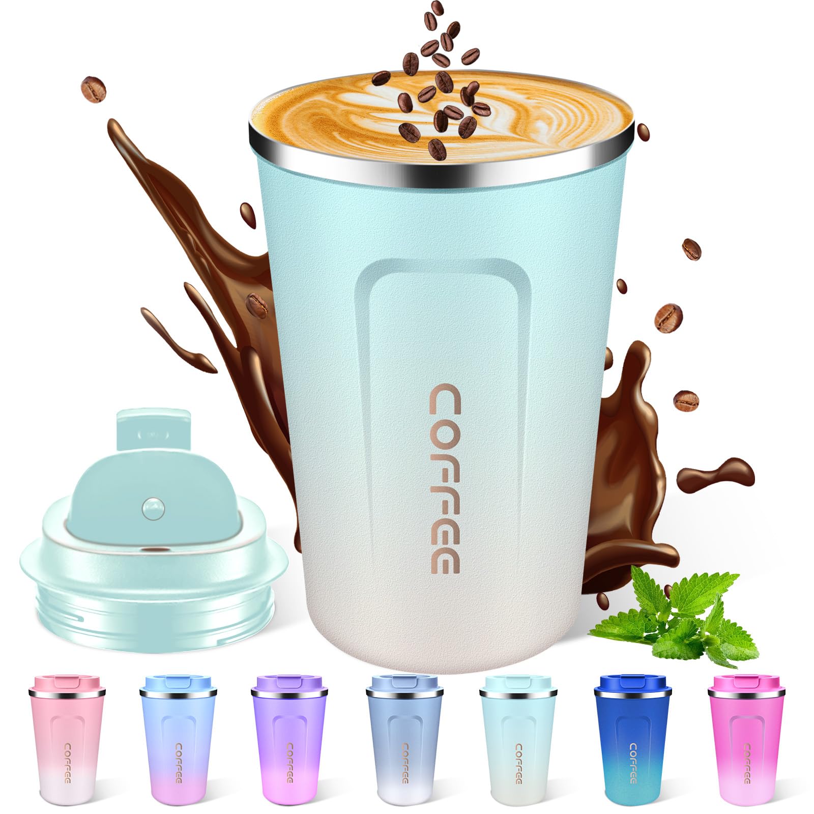 JTRYEMU Travel coffee mug 12 oz Insulated Coffee cup with lid reusable Leak proof Coffee Tumbler Stainless Steel Vacuum Gradient Colorful Thermos cup Thermal Keeps Cold and Hot for Coffee/Tea