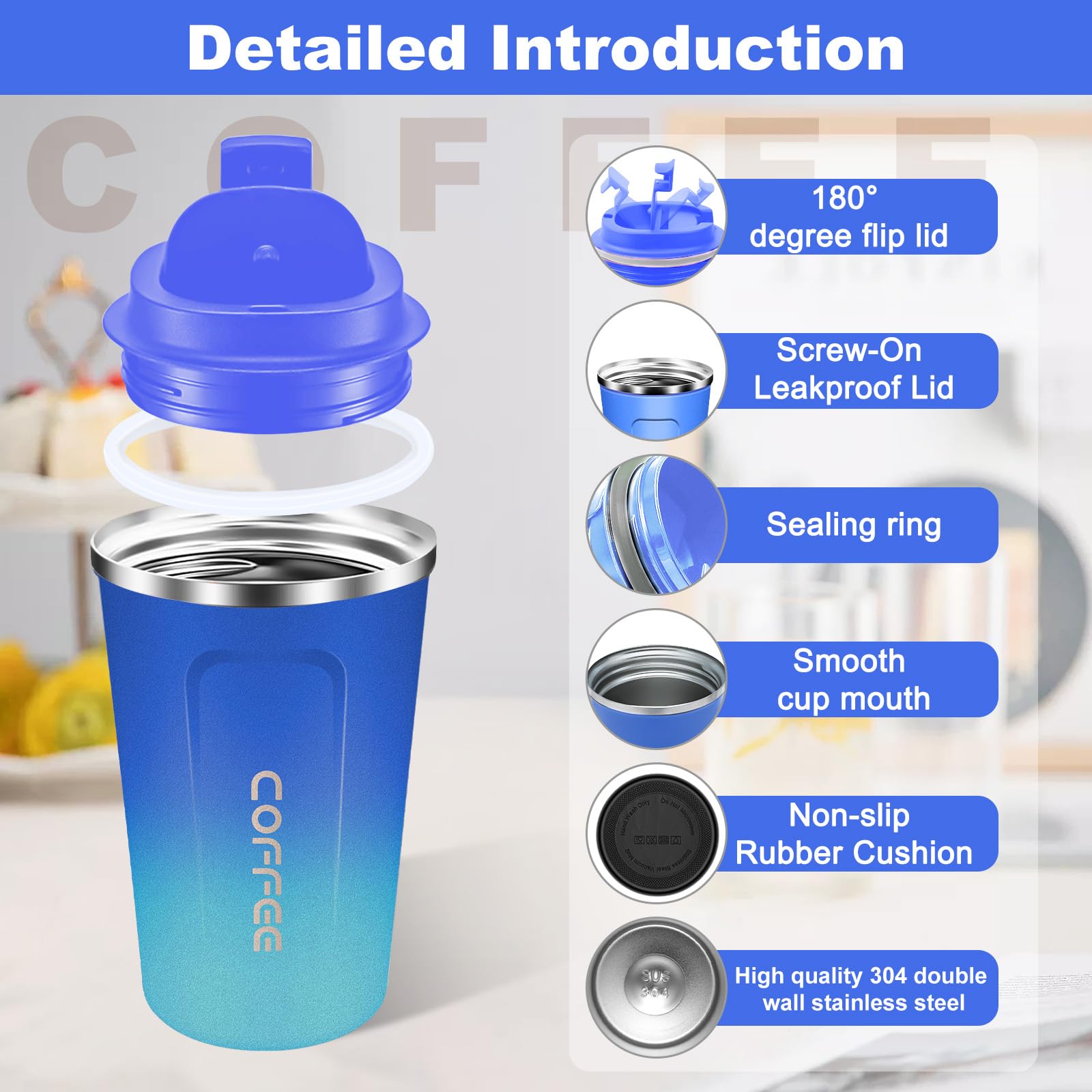 JTRYEMU Travel Mug 12 oz Insulated Coffee Cup with Lid, Reusable Leak Proof Tumbler, Stainless Steel Vacuum Gradient Colorful Thermos Cup, Thermal Keeps Cold and Hot for Coffee/Tea