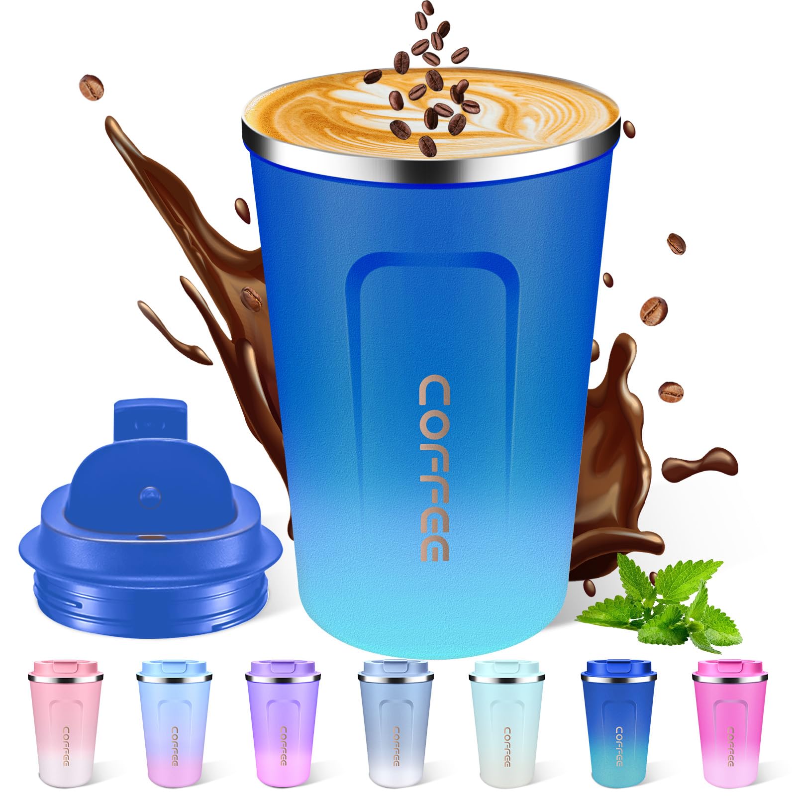 JTRYEMU Travel Mug 12 oz Insulated Coffee Cup with Lid, Reusable Leak Proof Tumbler, Stainless Steel Vacuum Gradient Colorful Thermos Cup, Thermal Keeps Cold and Hot for Coffee/Tea