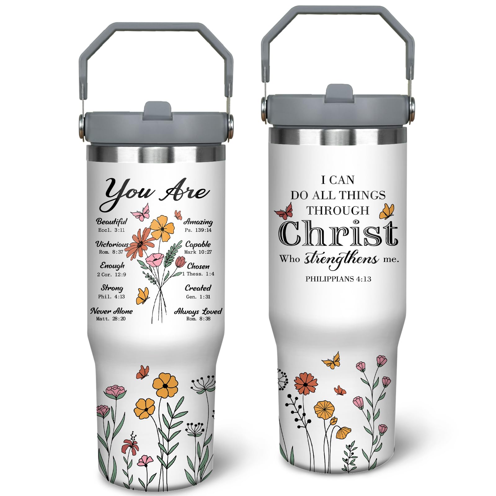 soeufnwhf Christian Gifts for Women, Inspirational Religious Gifts, Floral 30 oz Christian Tumbler with Handle Stainless Steel Insulated Bible Faith Cups Mugs Water Bottle