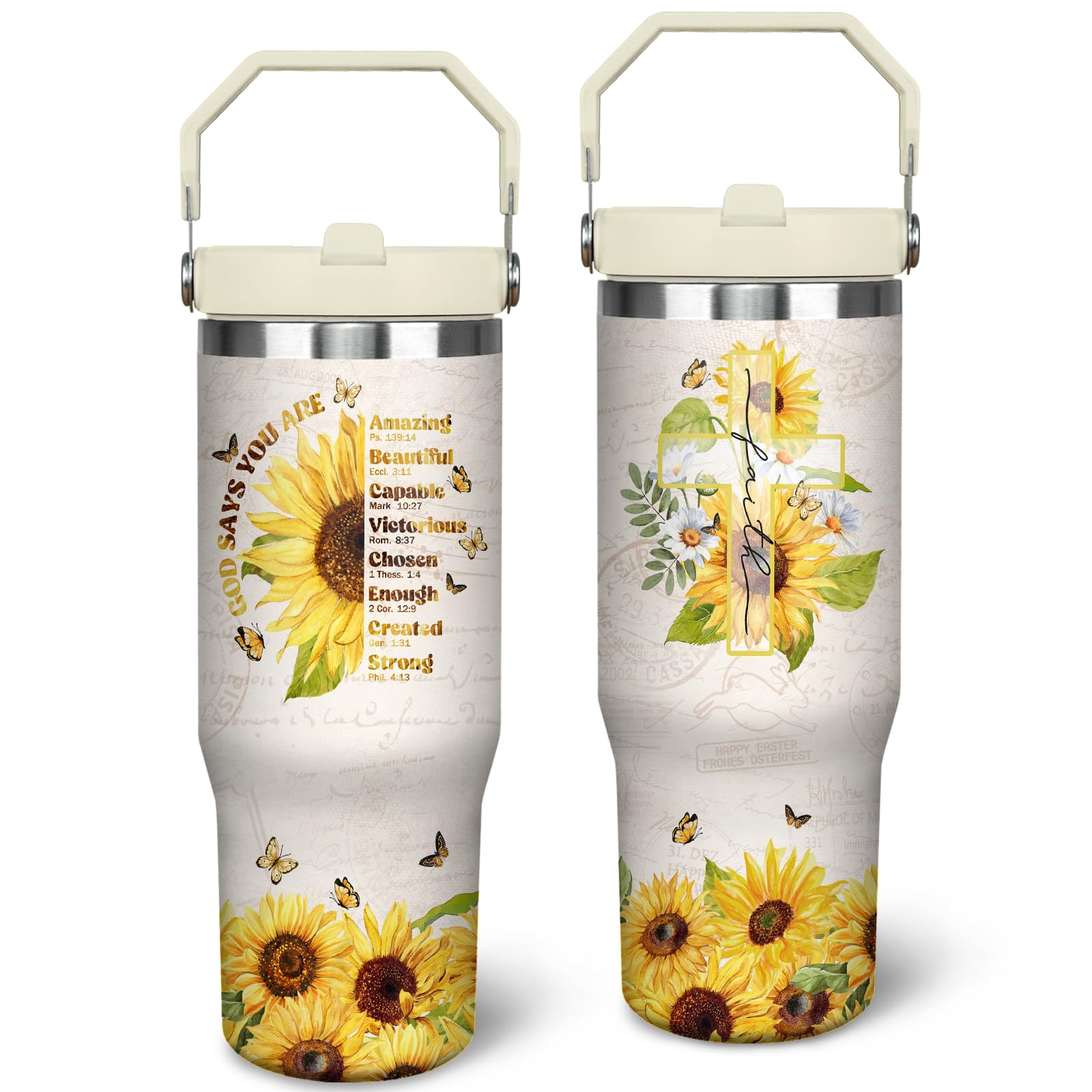 soeufnwhf Christian Gifts for Women, Inspirational Religious Gifts, Sunflower 30 oz Christian Tumbler with Handle Stainless Steel Insulated Bible Faith Cups Mugs Water Bottle