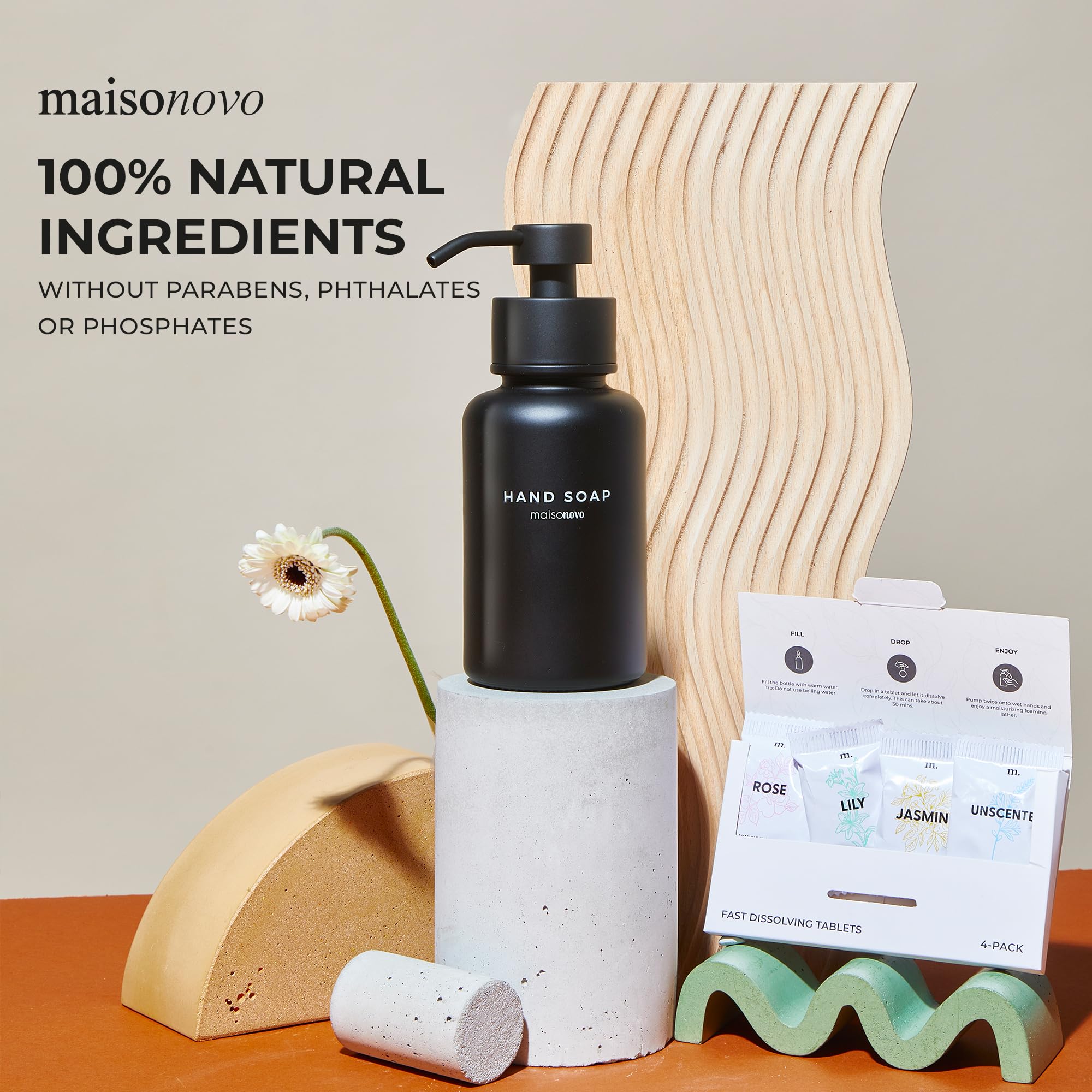 MaisoNovo Shampoo and Conditioner Dispenser with Wall Mounts - 4 Pack Mixed Scent Foaming Hand Soap Tablets + 1 Black Glass Dispenser