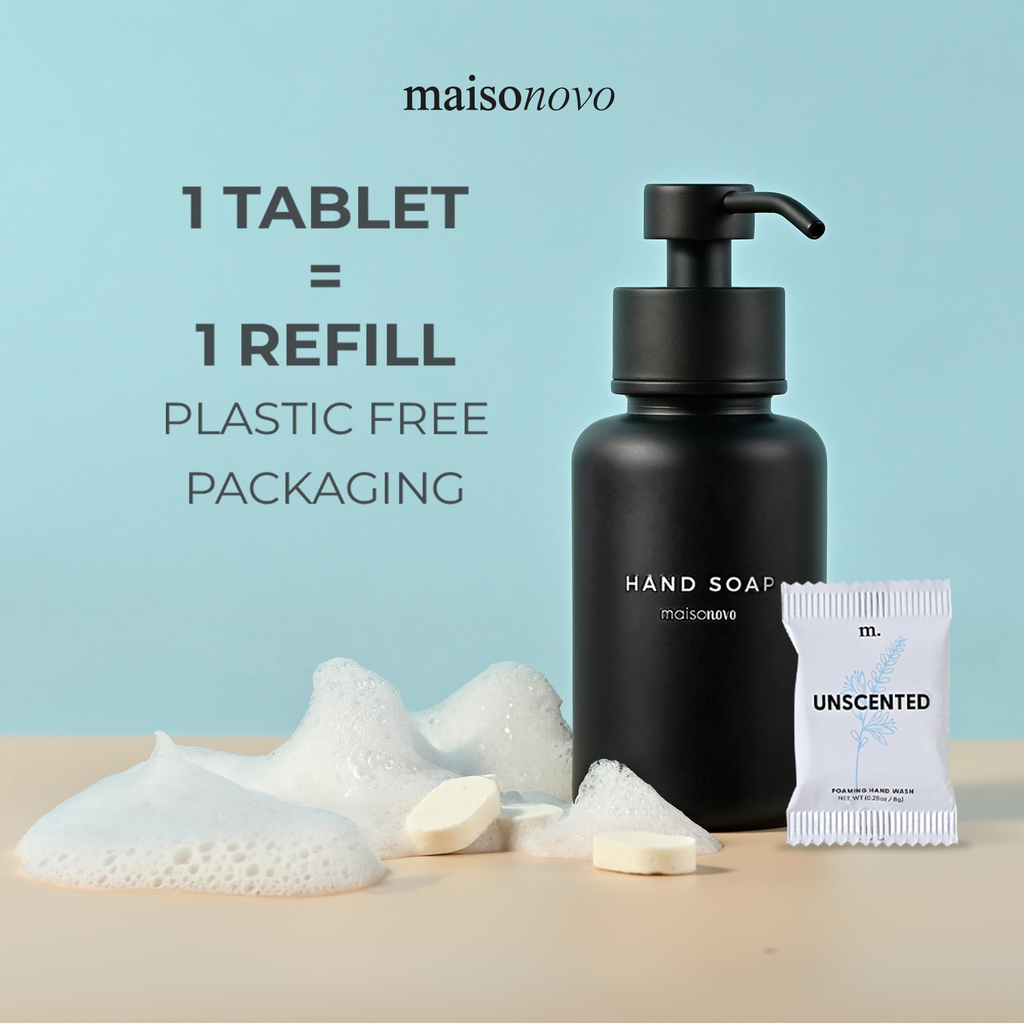 MaisoNovo Shampoo and Conditioner Dispenser with Wall Mounts - 4 Pack Mixed Scent Foaming Hand Soap Tablets + 1 Black Glass Dispenser