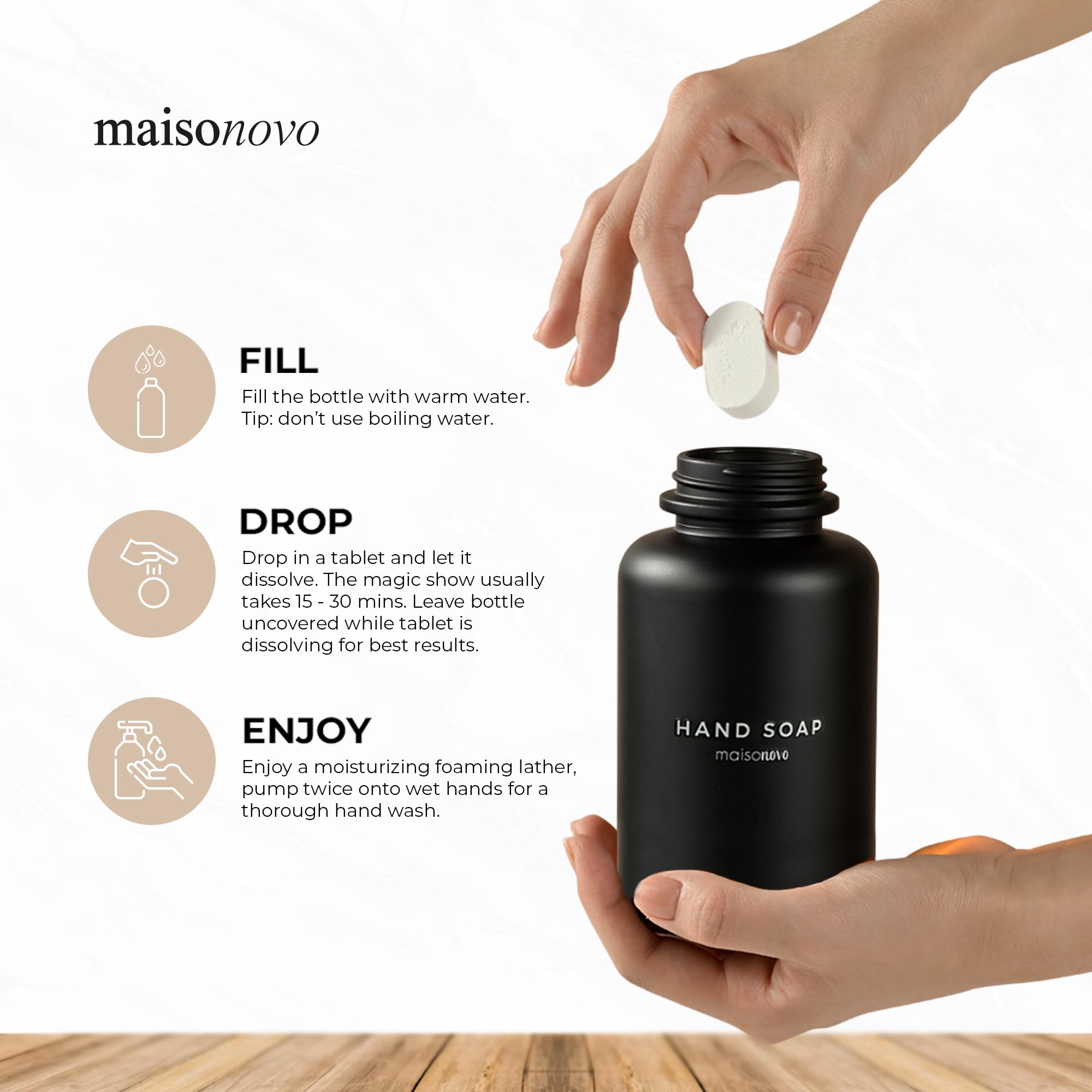 MaisoNovo Shampoo and Conditioner Dispenser with Wall Mounts - 4 Pack Mixed Scent Foaming Hand Soap Tablets + 1 Black Glass Dispenser