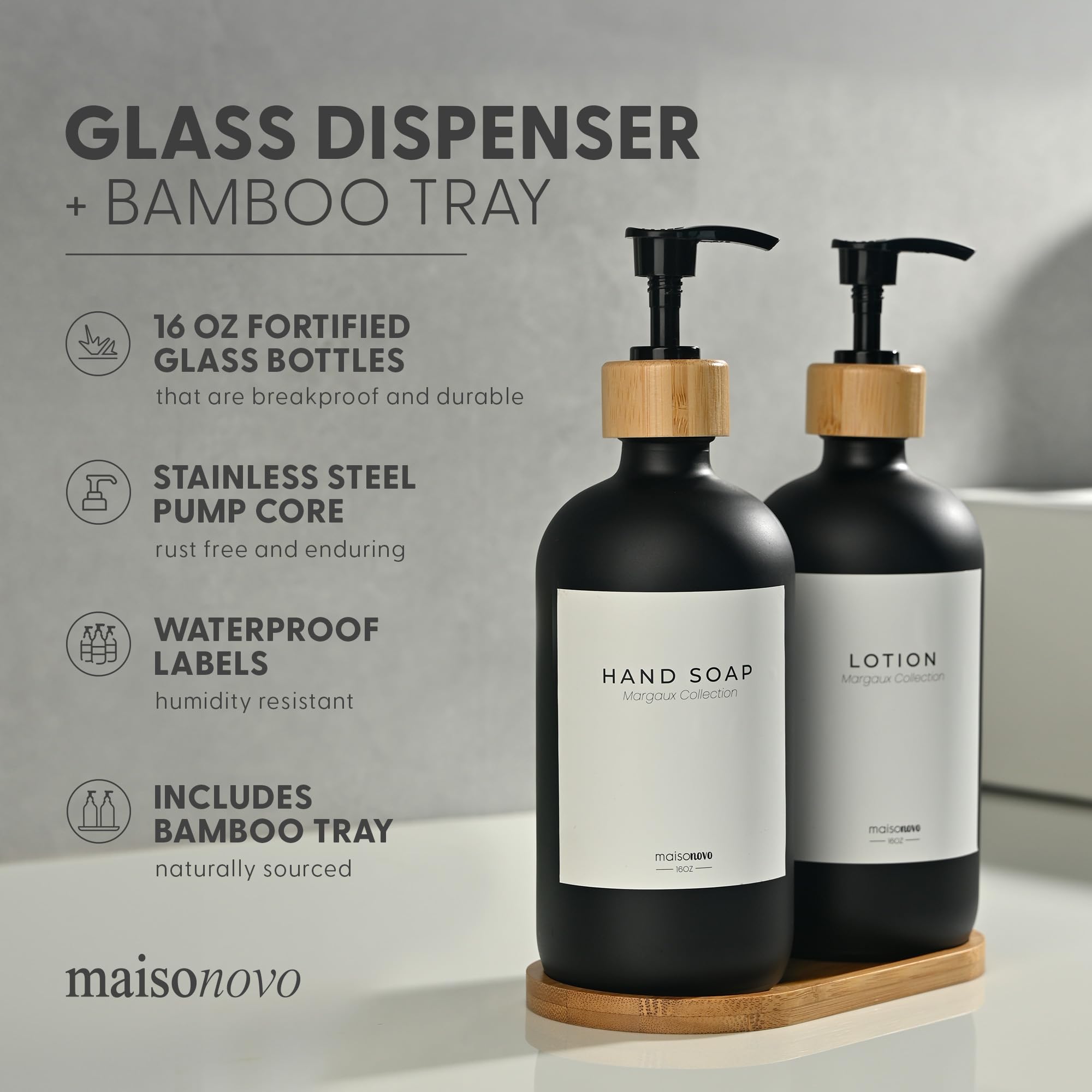 MaisoNovo Shampoo and Conditioner Dispenser with Wall Mounts - Bathroom Hand Soap Dispenser - 2 Wall Mount and 2 Glass Bottles