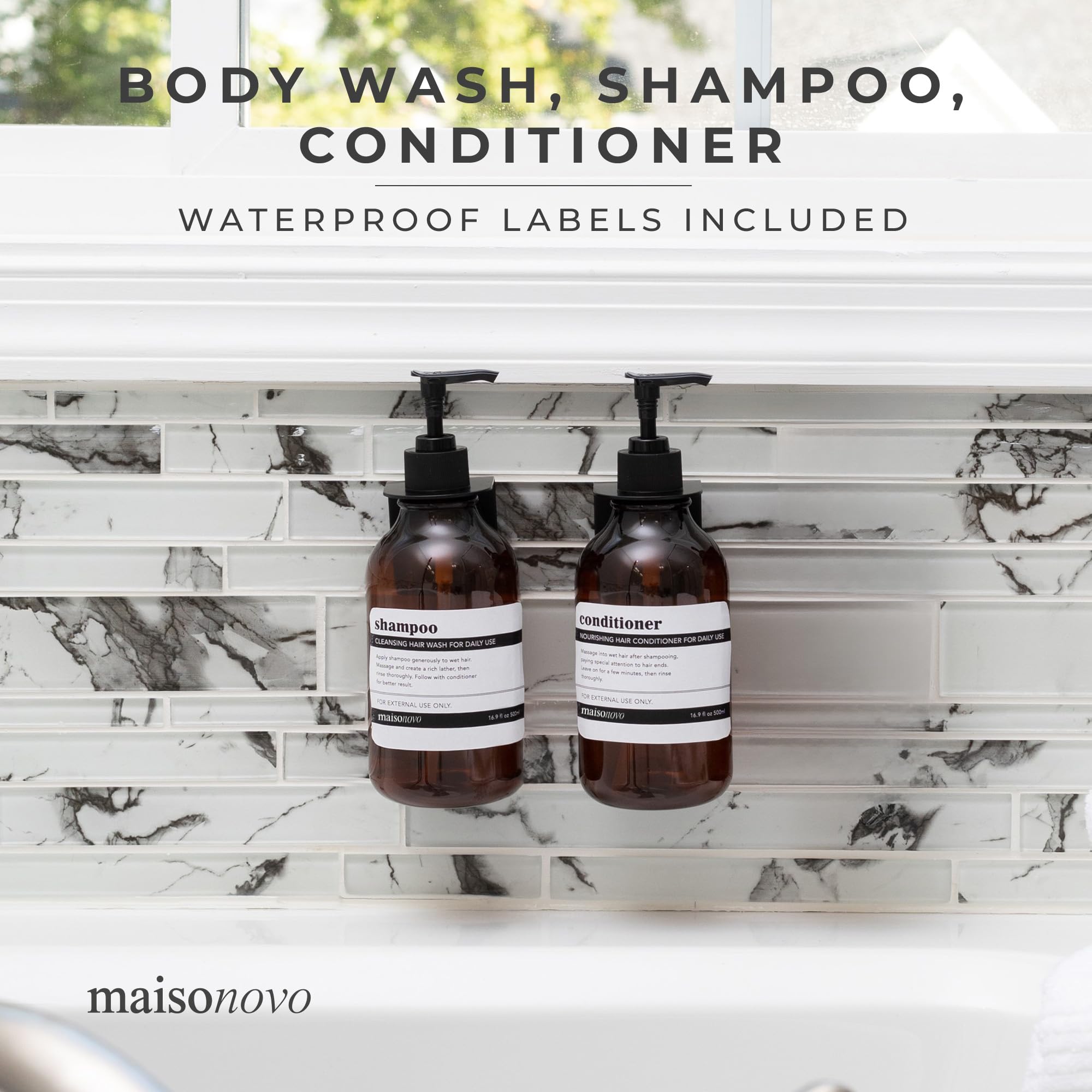 MaisoNovo Shampoo and Conditioner Dispenser with Wall Mounts - Bathroom Hand Soap Dispenser - 2 Wall Mount and 2 Glass Bottles