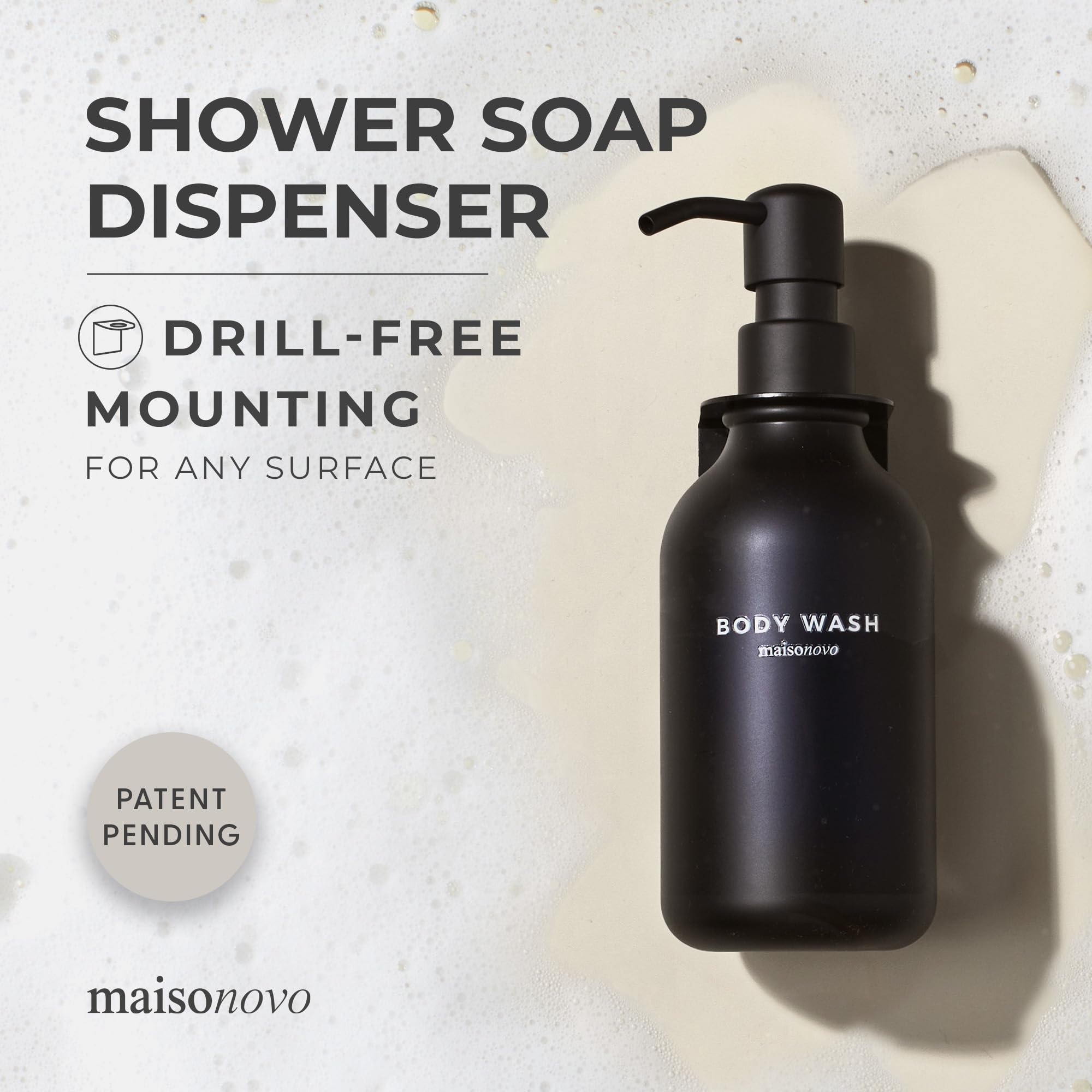 MaisoNovo Shampoo and Conditioner Dispenser with Wall Mounts - 3 Black Plastic Bottles & 1 Amber Plastic Bottle