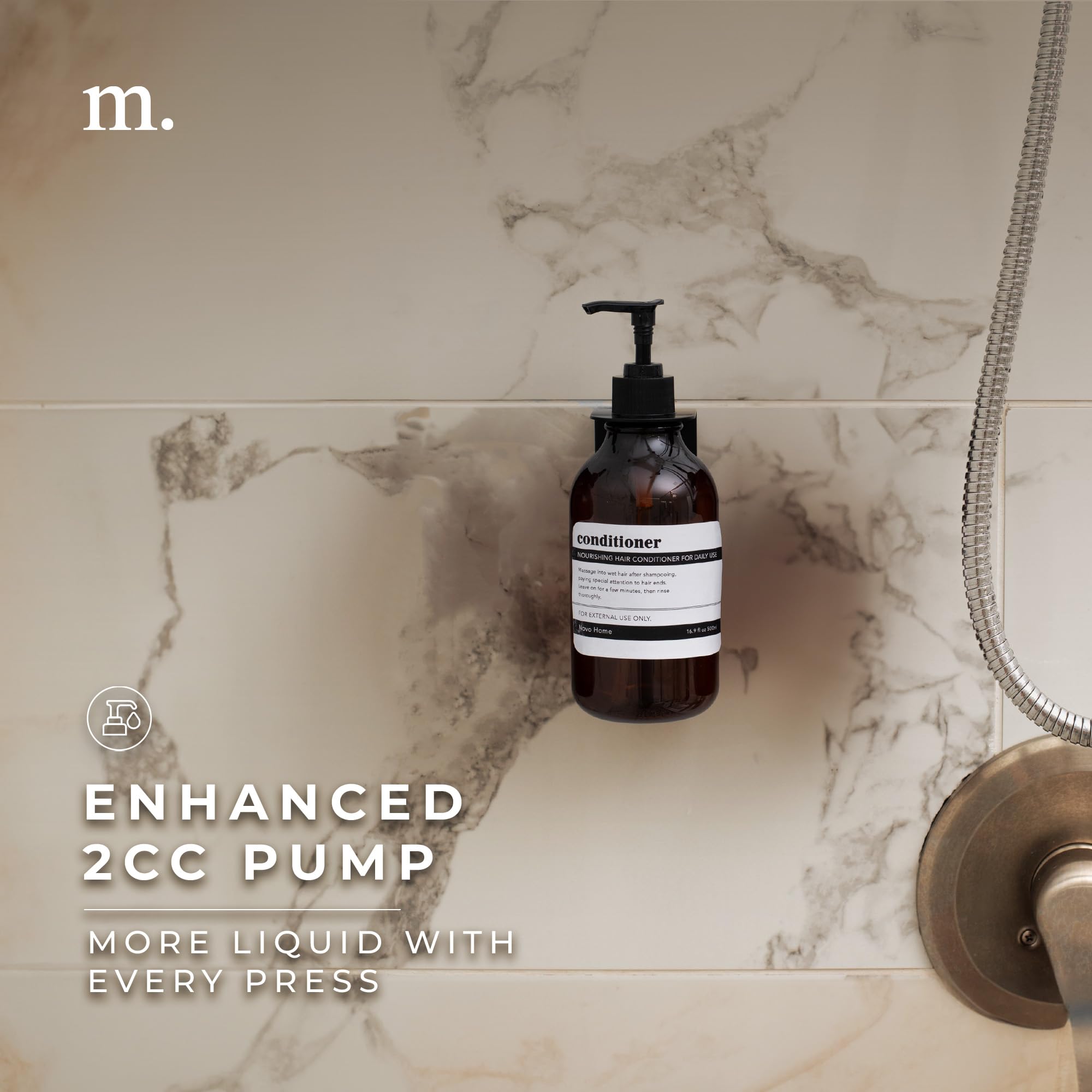 MaisoNovo Shampoo and Conditioner Dispenser with Wall Mounts - 3 Black Plastic Bottles & 1 Amber Plastic Bottle