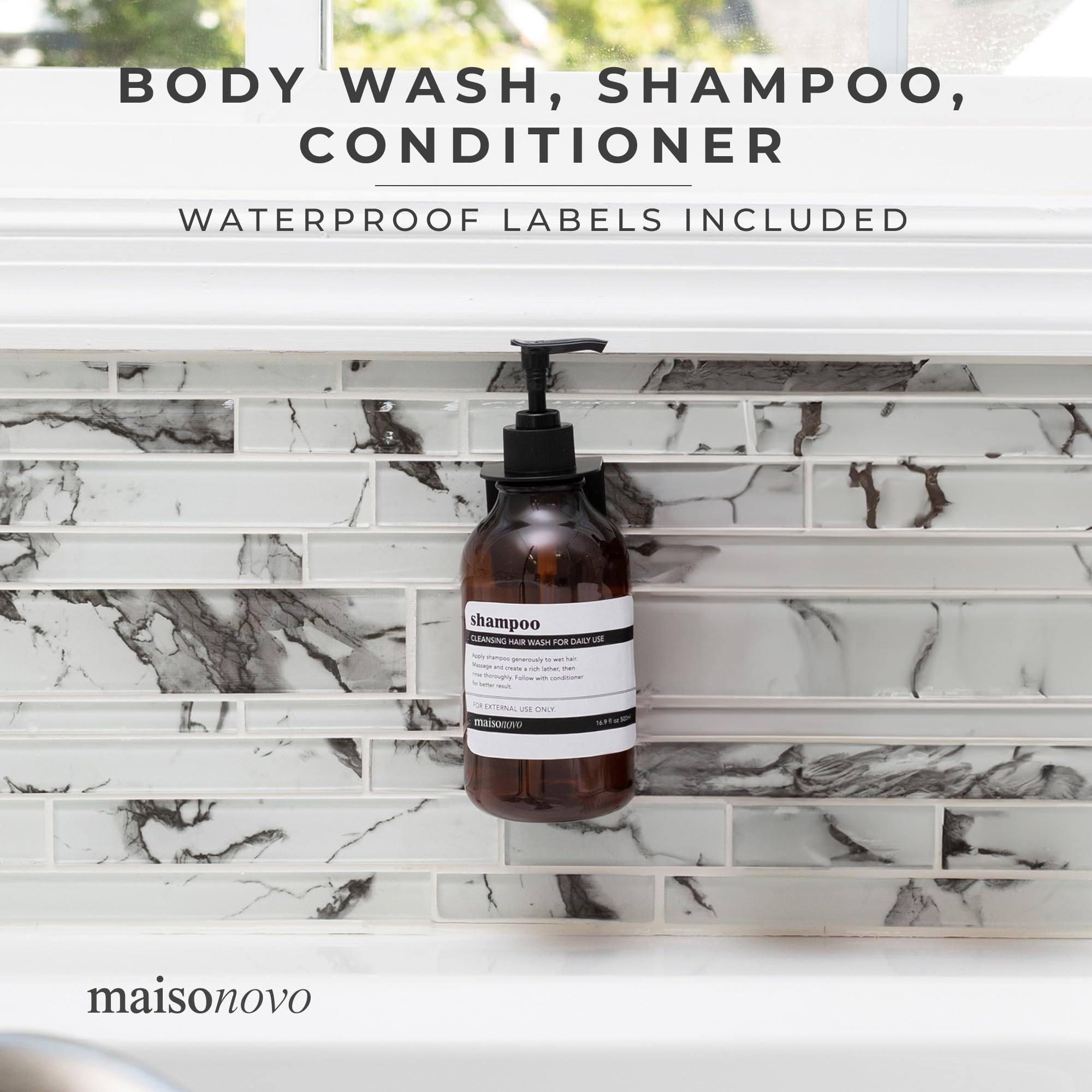 MaisoNovo Shampoo and Conditioner Dispenser with Wall Mounts - 3 Black Plastic Bottles & 1 Amber Plastic Bottle