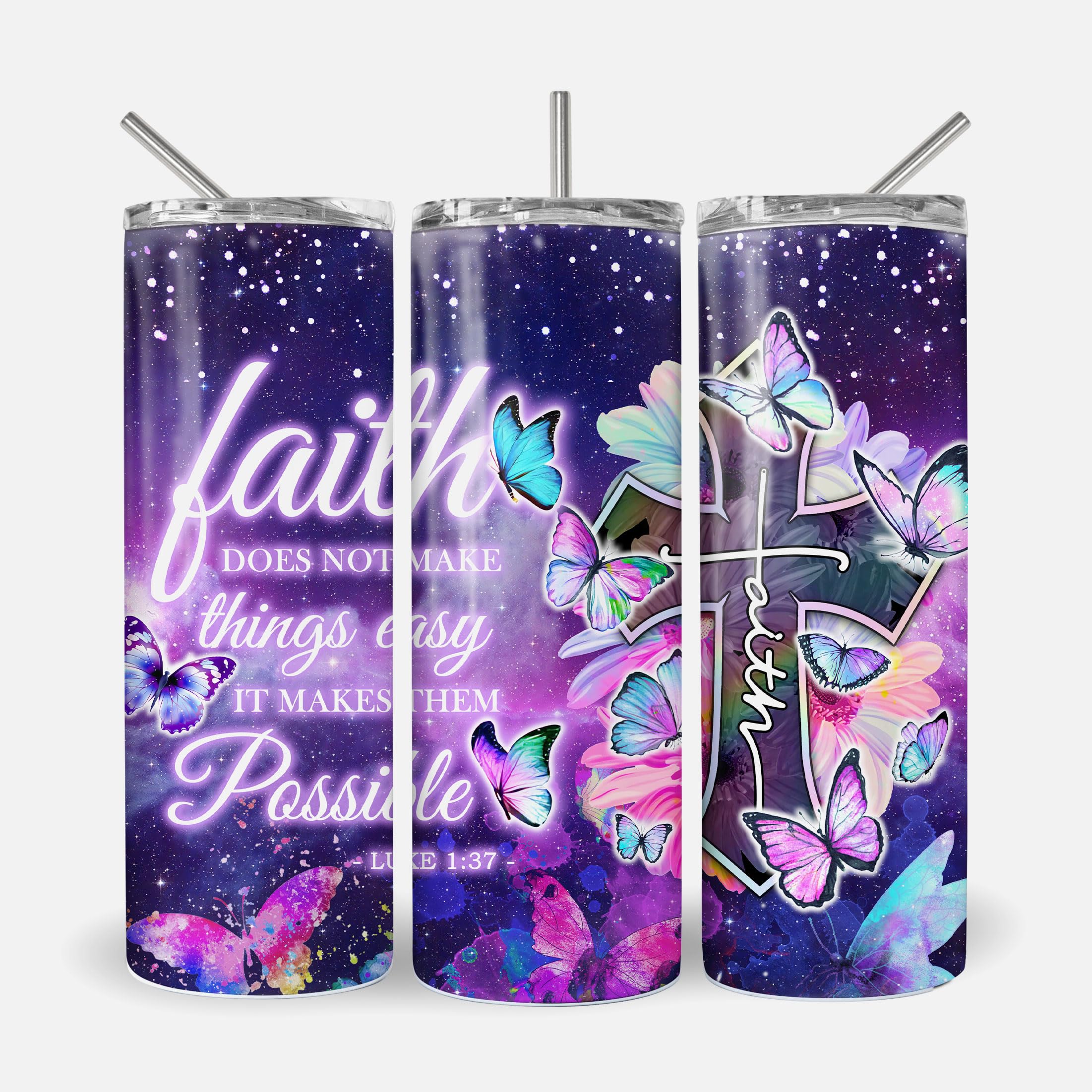 CERMELUS Butterfly Faith Cross 20oz Skinny Tumbler, Stainless Steel Double Wall Insulated Cup With Lid And Straw Multi, Bible Verse Christian Tumbler, Gifts for Women, Men, Mom, Daughter, Friends