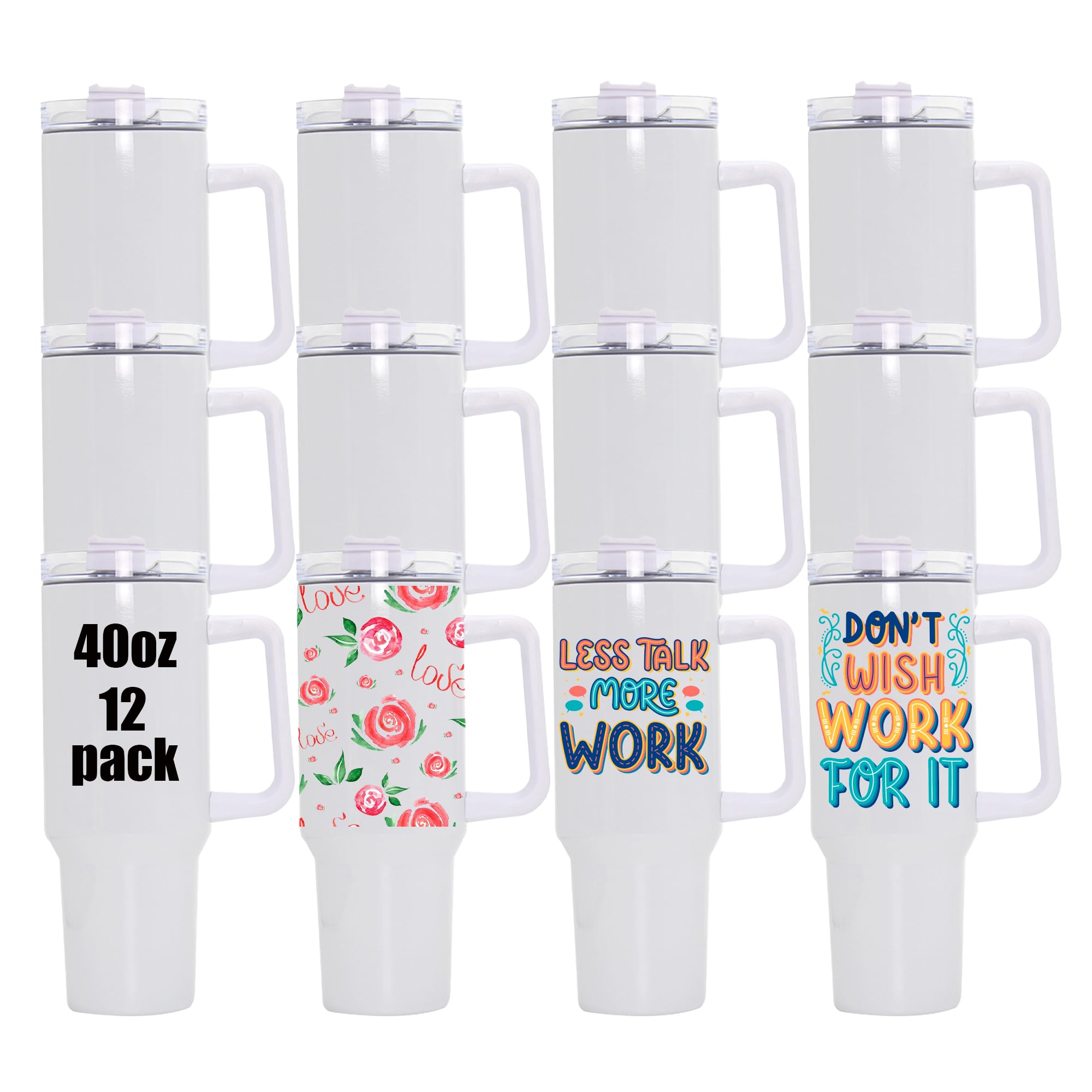 Icesip 12pack 40oz sublimation tumbler with white Handle Lid and Straw,Stainless Steel Double Wall Vacuum Insulated Travel Mug Cup Tumblers for Diy Craft Heat Press Print