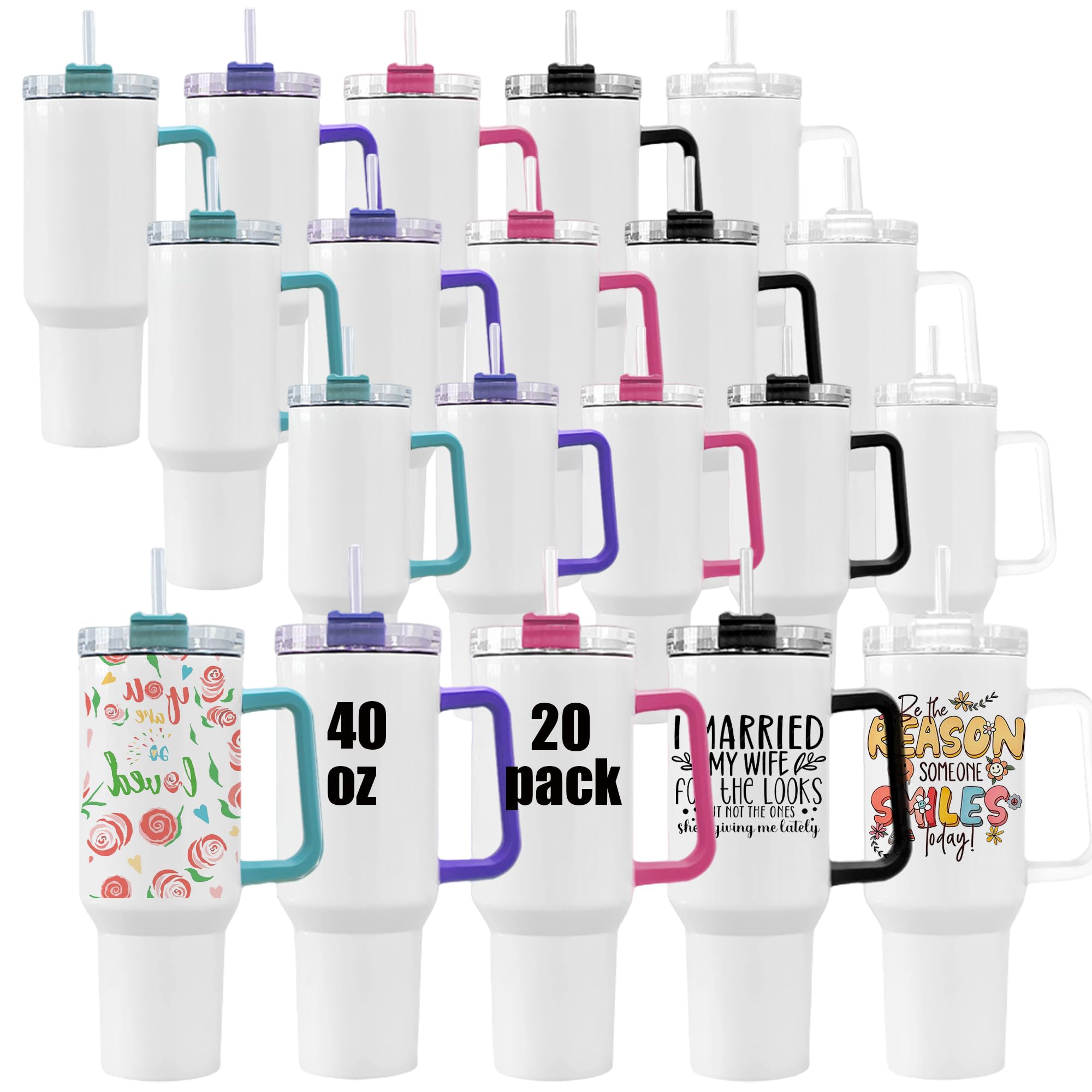 Icesip 20pack 40oz sublimation tumbler with 5 colour Handle Lid and Straw,Stainless Steel Double Wall Vacuum Insulated Travel Mug Cup Tumblers for Diy Craft Heat Press Print