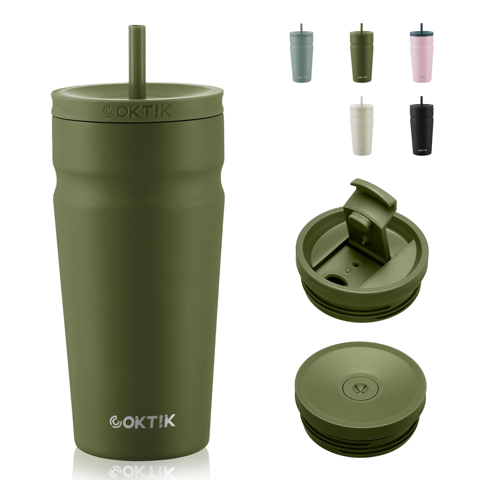 COKTIK 20oz Insulated Tumbler with Lid and Straw 2 Lids (Straw/Flip) Iced Coffee Cup Reusable Stainless Steel Travel Mug Water Bottle Cupholder Friendly for Women Men Her Him (Olive)