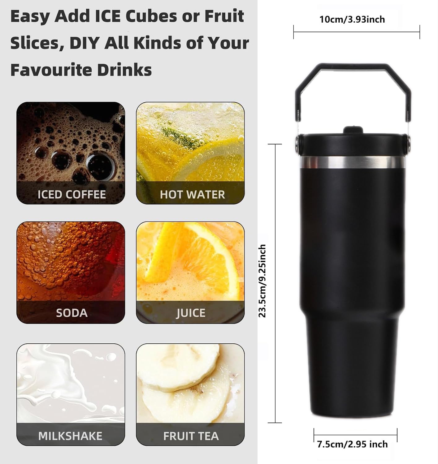 Facdiary 30oz Tumbler With Straw Lid Vacuum Sealed Insulated Cup Reusable Stainless Steel Water Bottle Trave for Water, Iced Tea or Coffee (Black)
