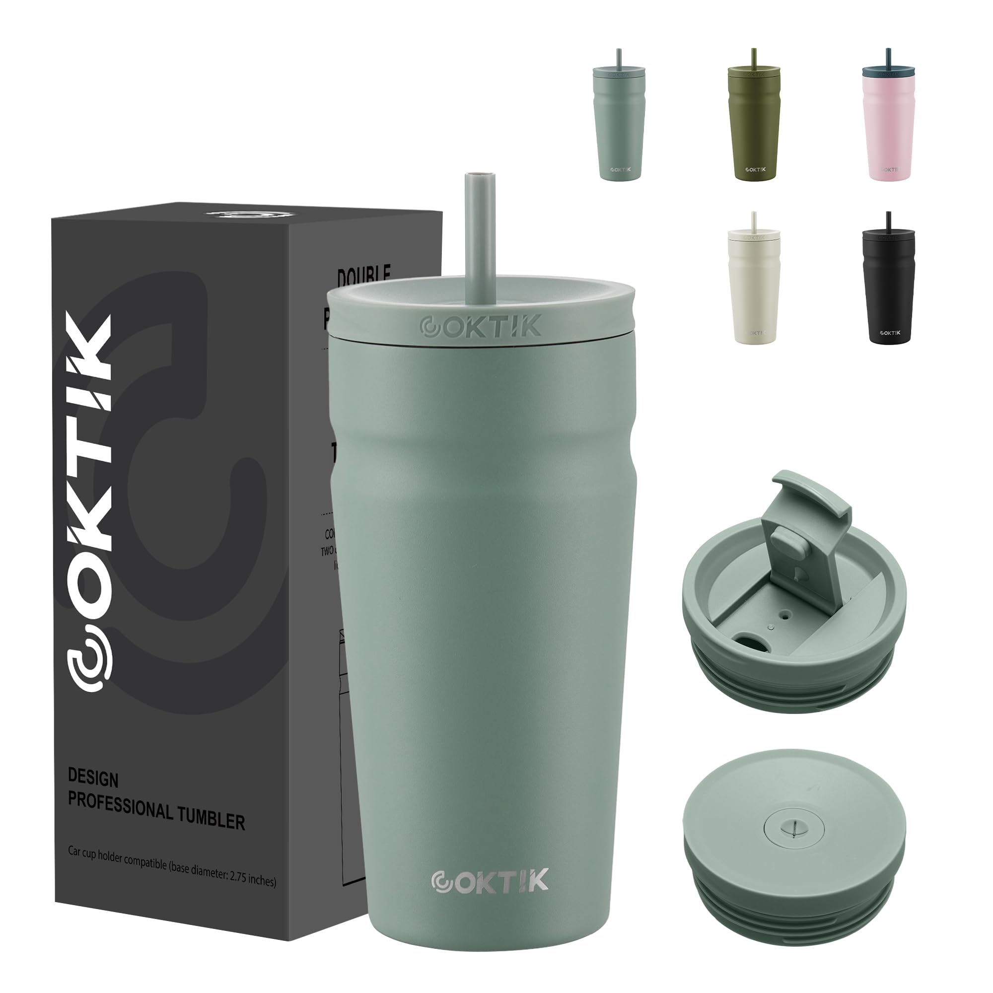 COKTIK 20oz Insulated Tumbler with Lid and Straw 2 Lids (Straw/Flip) Iced Coffee Cup Reusable Stainless Steel Travel Mug Water Bottle Cupholder Friendly for Women Men Her Him (Bay Leaf)