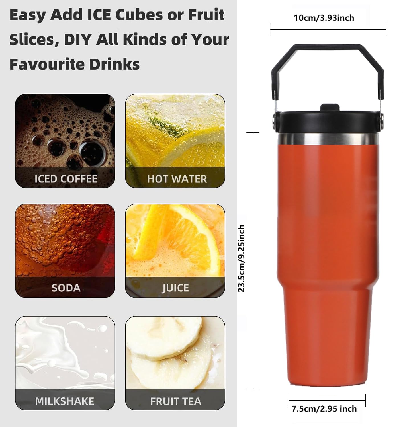 Facdiary 30oz Tumbler With Straw Lid Vacuum Sealed Insulated Cup Reusable Stainless Steel Water Bottle Trave for Water, Iced Tea or Coffee (Orange)