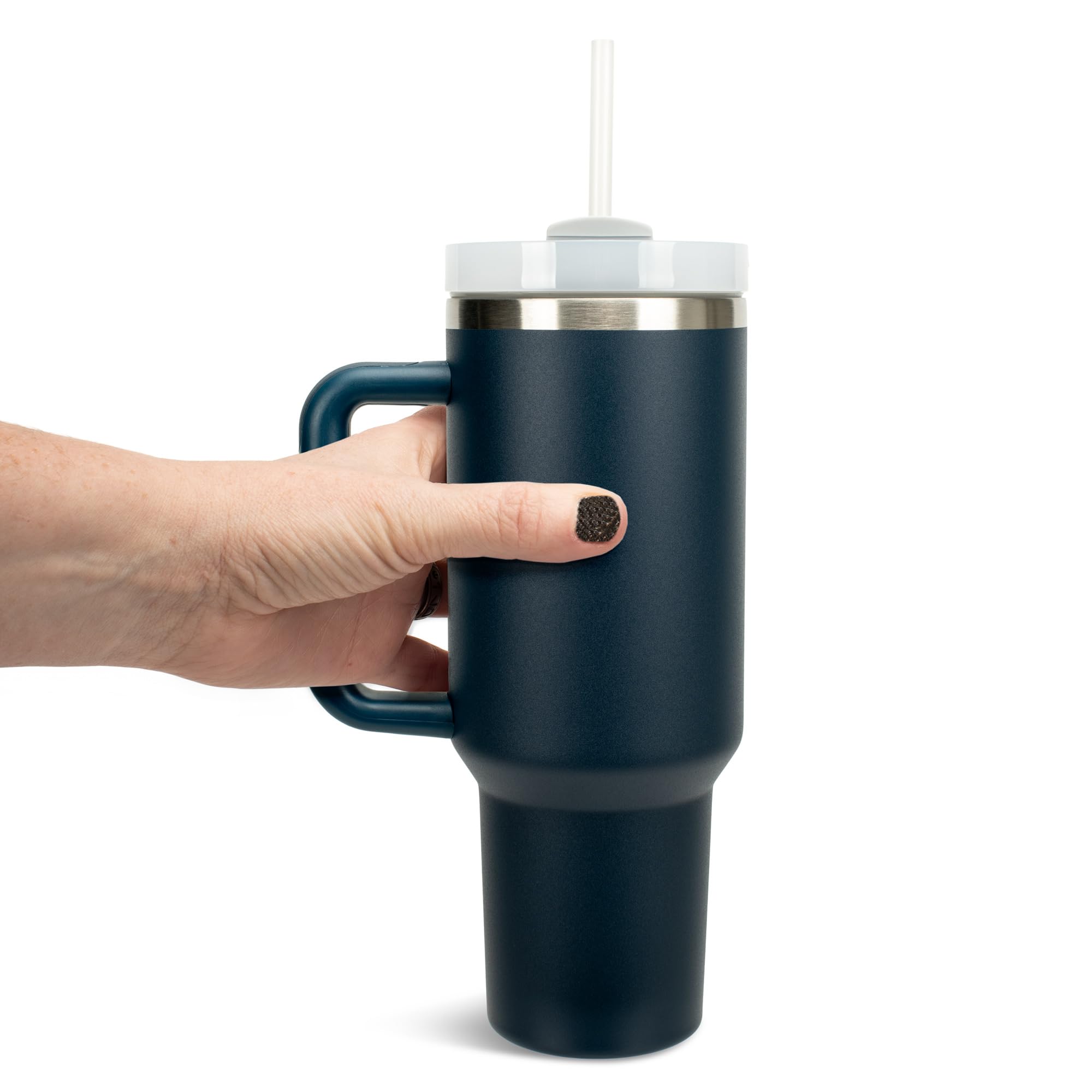 Elanze Designs 40 oz Stainless Steel, Large Water Bottle, Coffee Mug, Spill & Leak Resistant, Thermal Travel Tumbler With Handle, Lid & Straw, Navy Blue