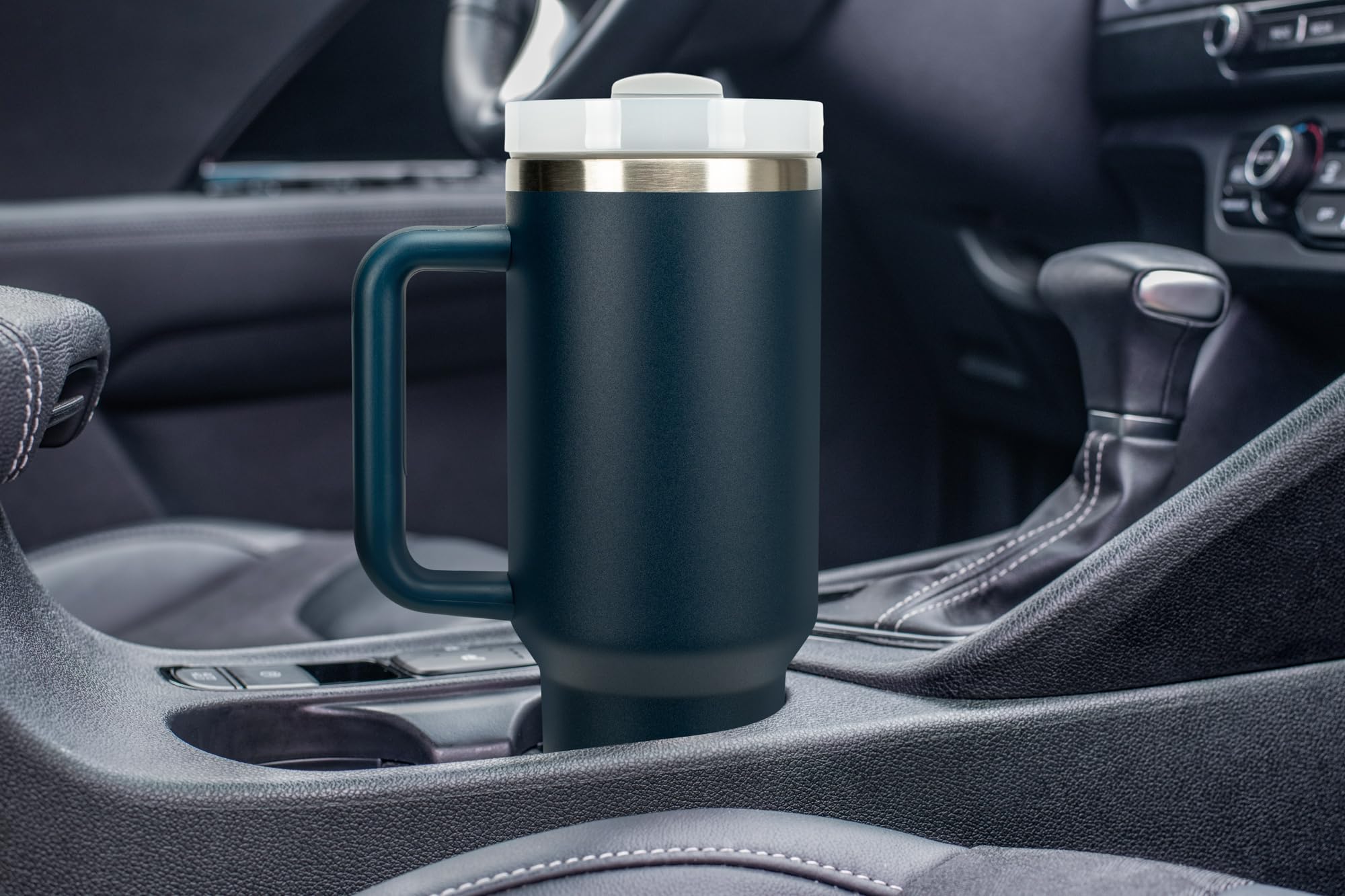 Elanze Designs 40 oz Stainless Steel, Large Water Bottle, Coffee Mug, Spill & Leak Resistant, Thermal Travel Tumbler With Handle, Lid & Straw, Navy Blue