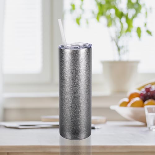 Elanze Designs 20 oz Glitter Stainless Steel Insulated Travel Tumbler With Sliding Lid For Iced or Hot Beverage, Silvertone Sparkle