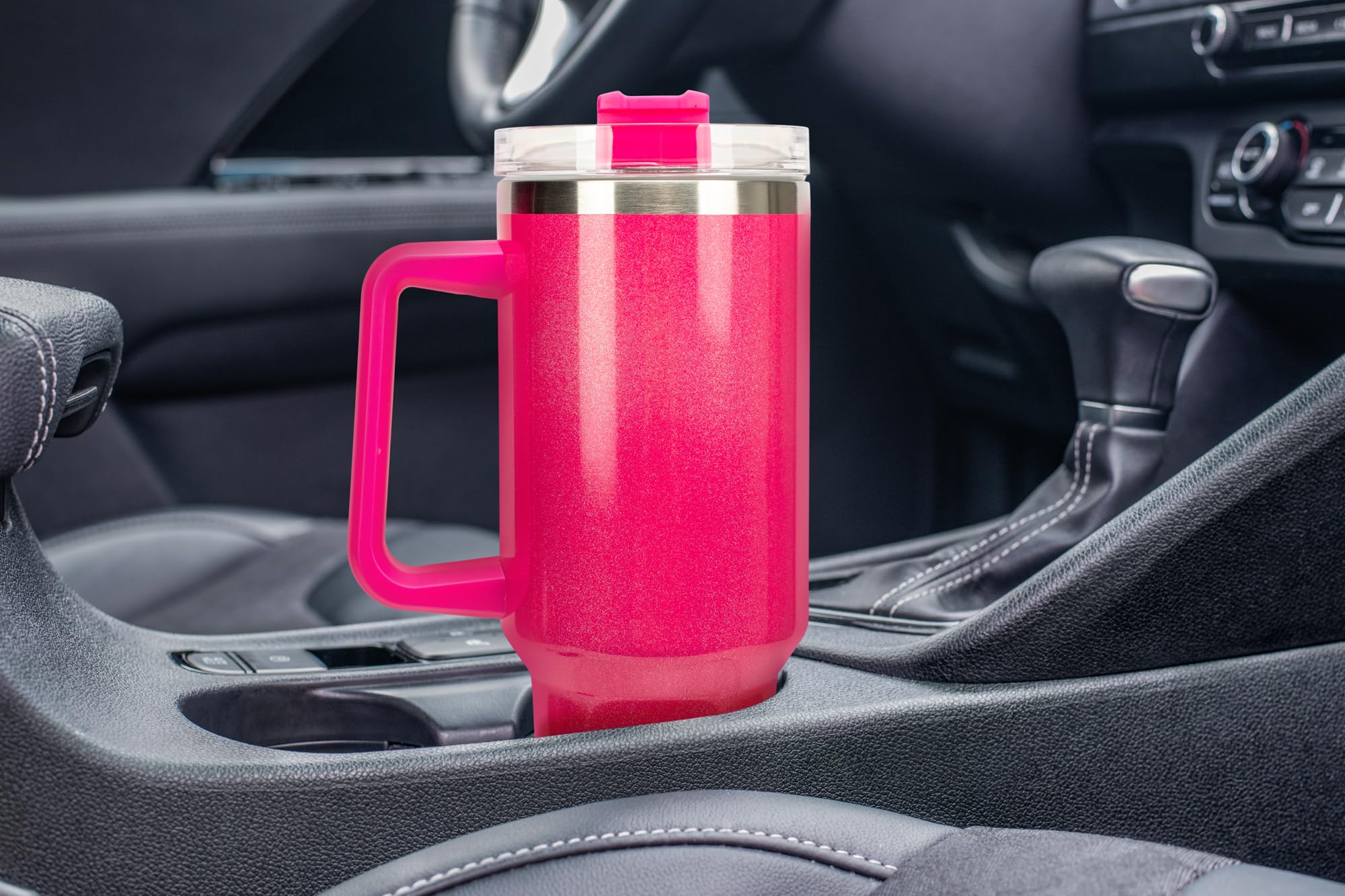 Elanze Designs 40 oz Stainless Steel, Large Water Bottle, Coffee Mug, Spill & Leak Resistant, Thermal Travel Tumbler With Handle, Lid & Straw, Hot Pink
