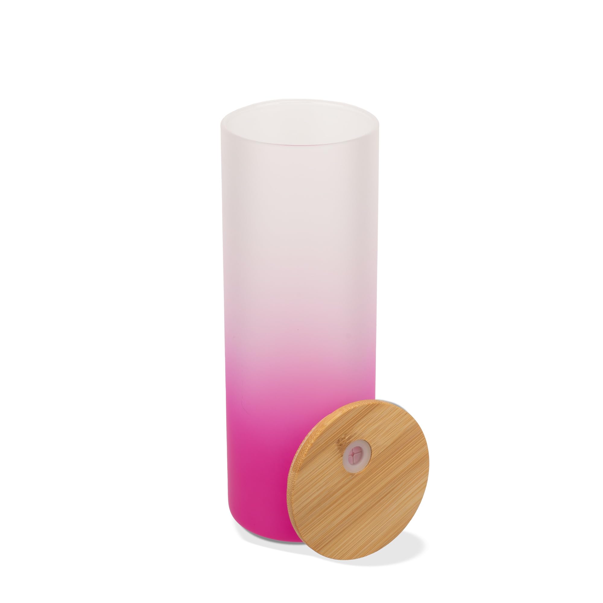 Elanze Designs 25 oz Blank Gradient Frosted Glass Travel Tumbler With Straw & Bamboo Lid For Iced or Hot Beverage, Magenta Pink Ombre