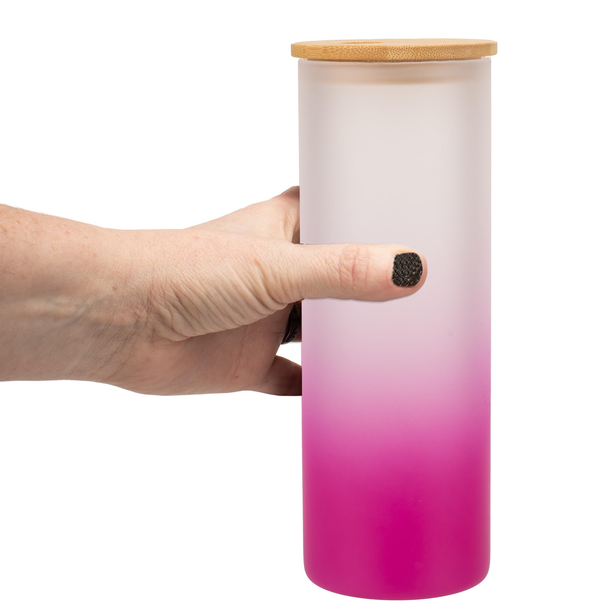 Elanze Designs 25 oz Blank Gradient Frosted Glass Travel Tumbler With Straw & Bamboo Lid For Iced or Hot Beverage, Magenta Pink Ombre