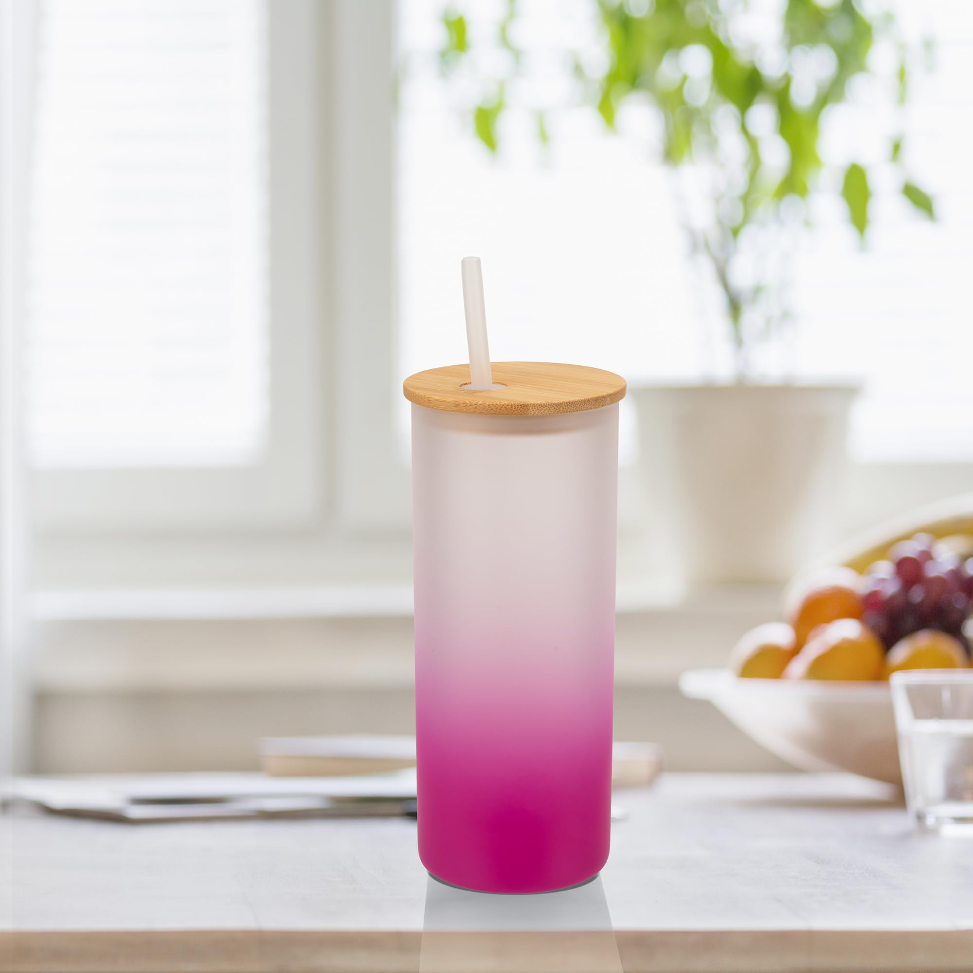 Elanze Designs 25 oz Blank Gradient Frosted Glass Travel Tumbler With Straw & Bamboo Lid For Iced or Hot Beverage, Magenta Pink Ombre