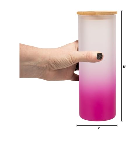 Elanze Designs 25 oz Blank Gradient Frosted Glass Travel Tumbler With Straw & Bamboo Lid For Iced or Hot Beverage, Magenta Pink Ombre