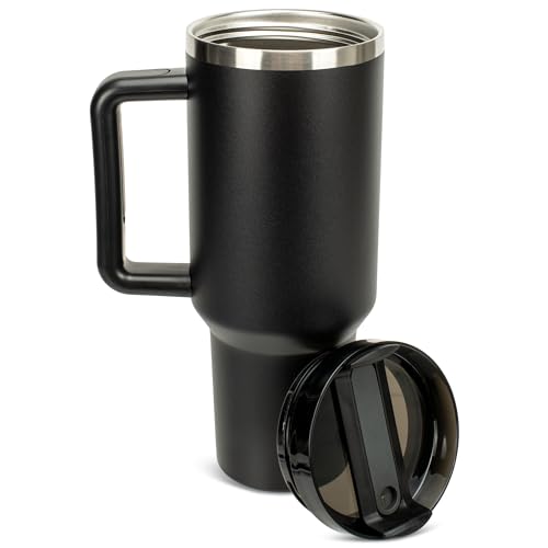Elanze Designs 40 oz Stainless Steel, Large Water Bottle, Coffee Mug, Spill & Leak Resistant, Thermal Travel Tumbler With Handle, Lid & Straw, Midnight Black