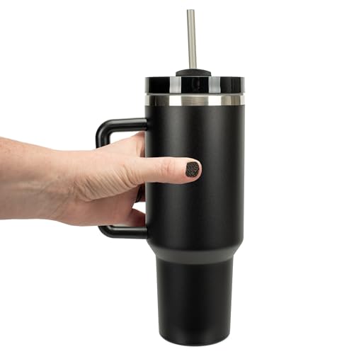Elanze Designs 40 oz Stainless Steel, Large Water Bottle, Coffee Mug, Spill & Leak Resistant, Thermal Travel Tumbler With Handle, Lid & Straw, Midnight Black