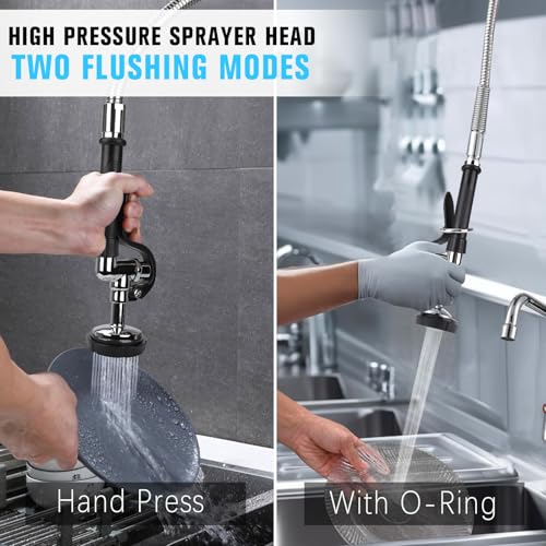 Spray Valve with 45" Flexible Stainless Steel Hose & Pre-Rinse Overhead Spring, Commercial Faucet Flexible Hose with Spray Head Replacement Kit for Commercial Restaurant Industrial Kitchen Sink Faucet