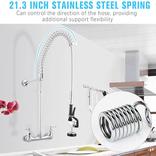 Spray Valve with 45" Flexible Stainless Steel Hose & Pre-Rinse Overhead Spring, Commercial Faucet Flexible Hose with Spray Head Replacement Kit for Commercial Restaurant Industrial Kitchen Sink Faucet