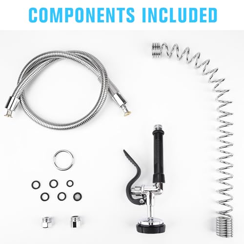 Spray Valve with 45" Flexible Stainless Steel Hose & Pre-Rinse Overhead Spring, Commercial Faucet Flexible Hose with Spray Head Replacement Kit for Commercial Restaurant Industrial Kitchen Sink Faucet