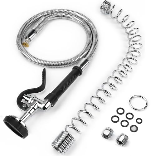 Spray Valve with 45" Flexible Stainless Steel Hose & Pre-Rinse Overhead Spring, Commercial Faucet Flexible Hose with Spray Head Replacement Kit for Commercial Restaurant Industrial Kitchen Sink Faucet