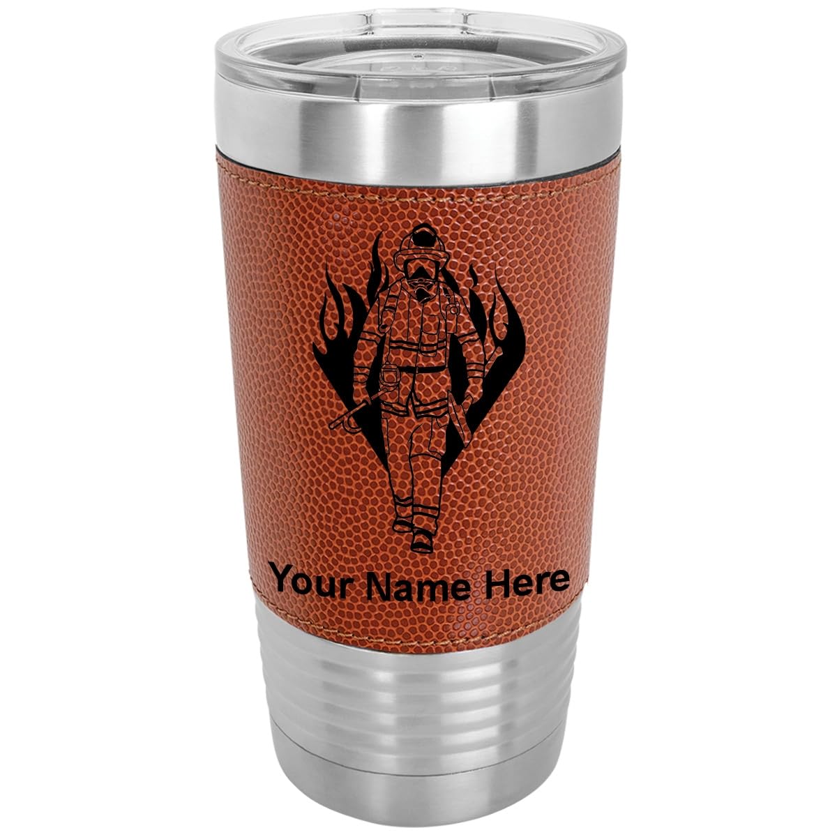 LaserGram 20oz Vacuum Insulated Tumbler Mug, Fireman, Personalized Engraving Included (Faux Leather, Basketball Style)