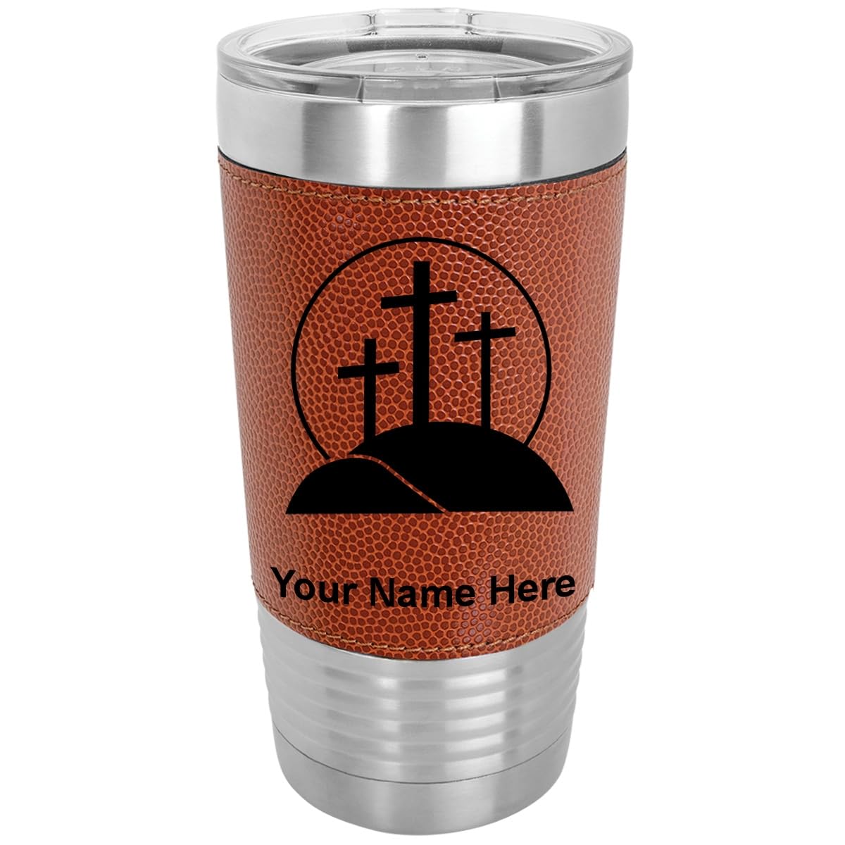 LaserGram 20oz Vacuum Insulated Tumbler Mug, Calvary Cross, Personalized Engraving Included (Faux Leather, Basketball Style)