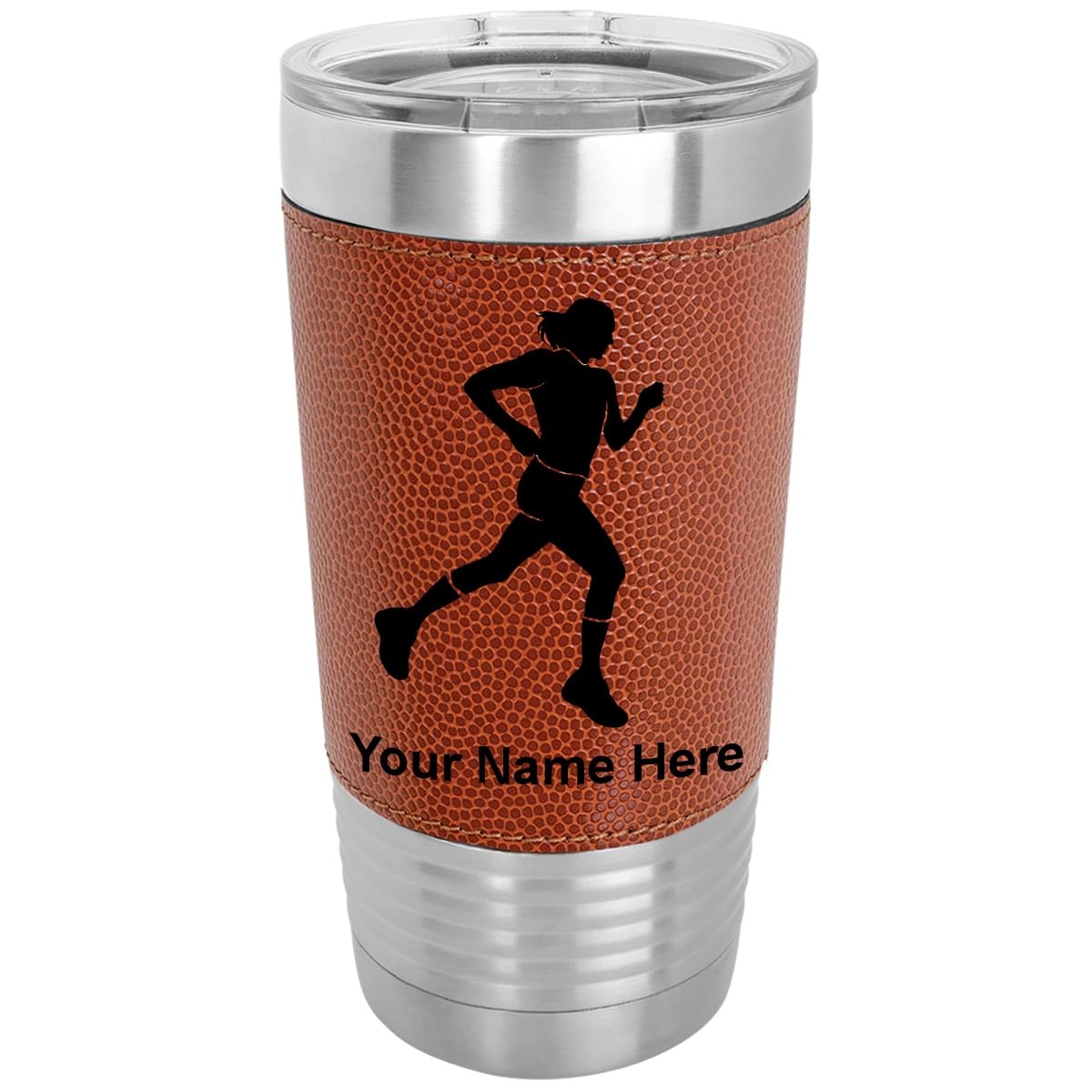 LaserGram 20oz Vacuum Insulated Tumbler Mug, Running Woman, Personalized Engraving Included (Faux Leather, Basketball Style)