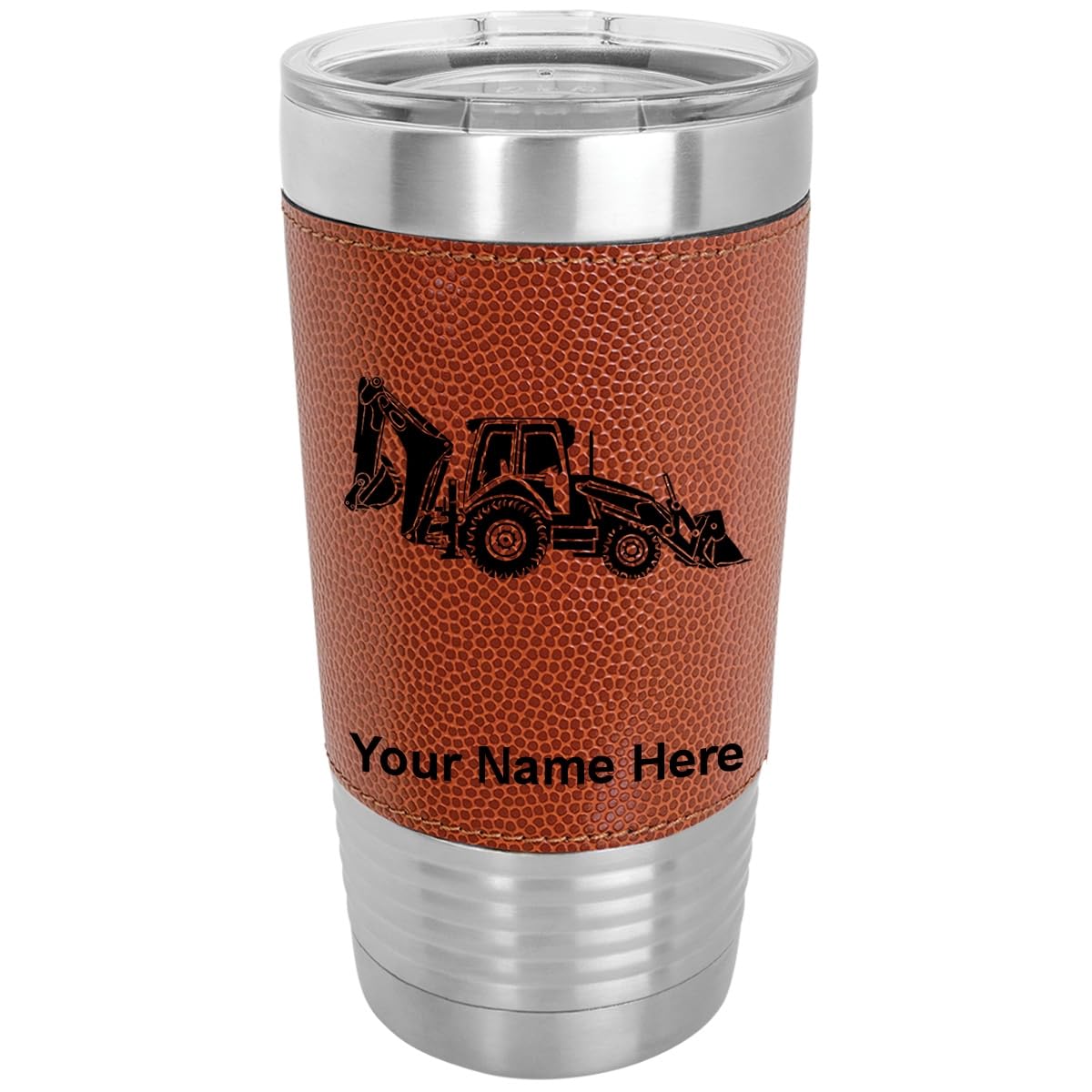 LaserGram 20oz Vacuum Insulated Tumbler Mug, Backhoe Loader, Personalized Engraving Included (Faux Leather, Basketball Style)