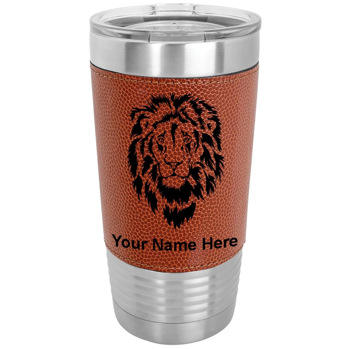 LaserGram 20oz Vacuum Insulated Tumbler Mug, Lion Head, Personalized Engraving Included (Faux Leather, Basketball Style)