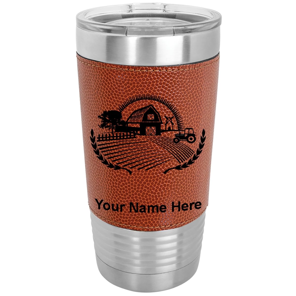 LaserGram 20oz Vacuum Insulated Tumbler Mug, Farm, Personalized Engraving Included (Faux Leather, Basketball Style)