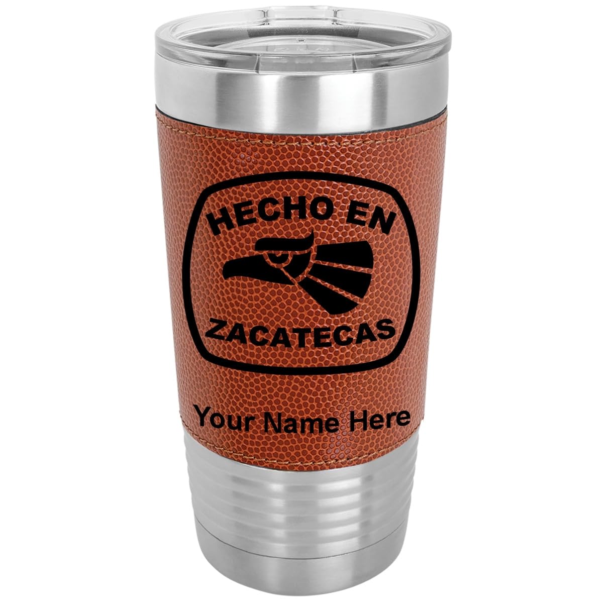 LaserGram 20oz Vacuum Insulated Tumbler Mug, Hecho en Zacatecas, Personalized Engraving Included (Faux Leather, Basketball Style)