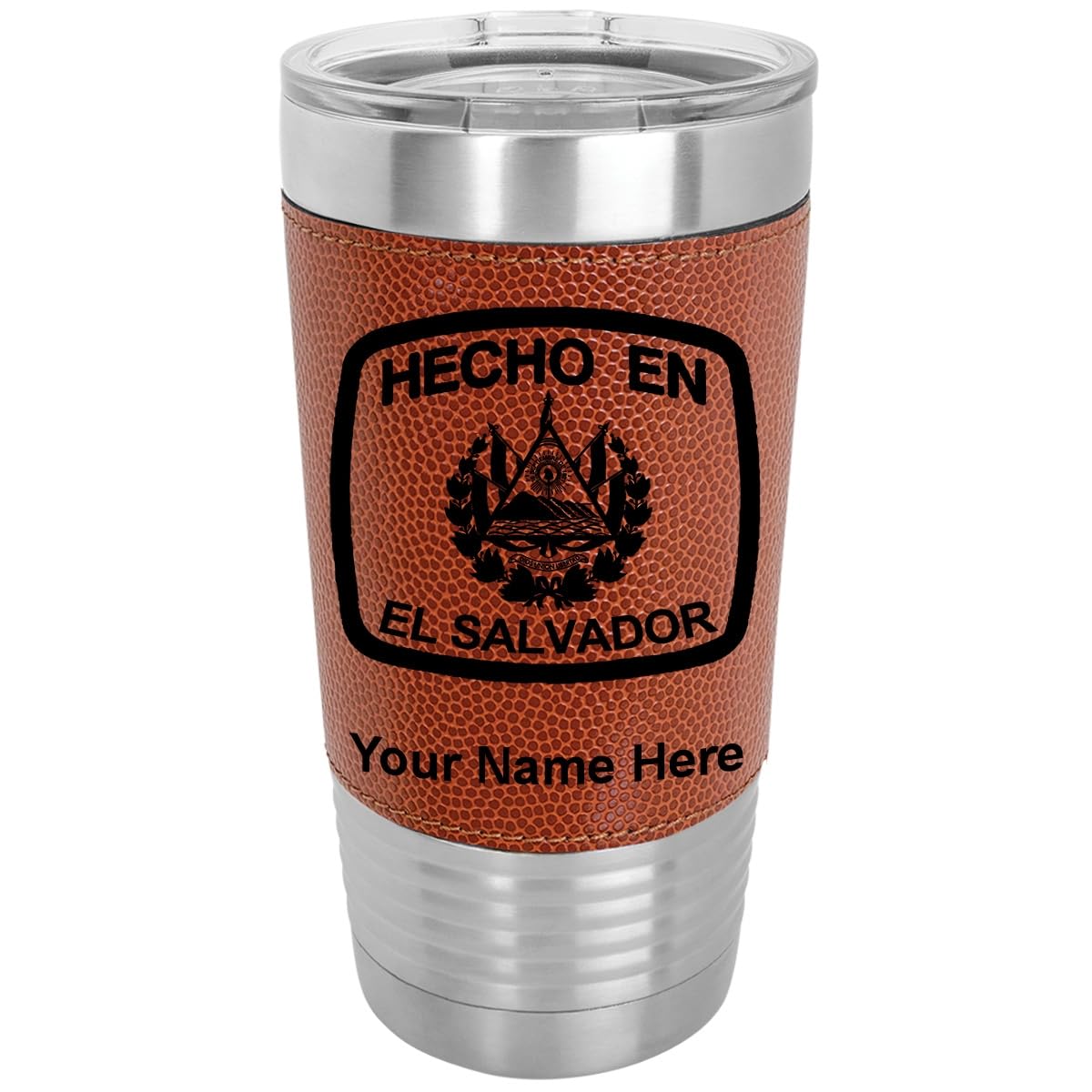LaserGram 20oz Vacuum Insulated Tumbler Mug, Hecho En El Salvador, Personalized Engraving Included (Faux Leather, Basketball Style)