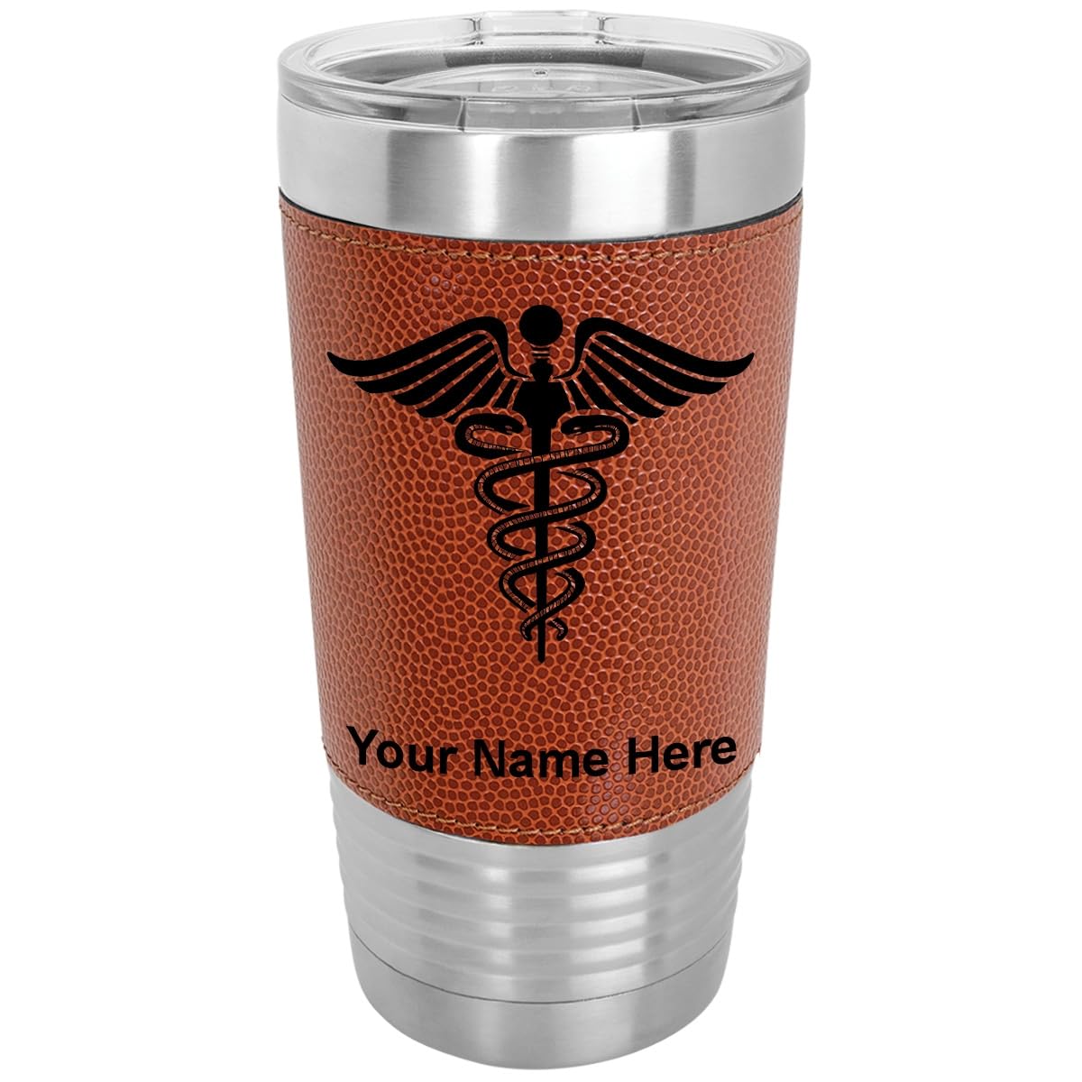 LaserGram 20oz Vacuum Insulated Tumbler Mug, Caduceus Medical Symbol, Personalized Engraving Included (Faux Leather, Basketball Style)