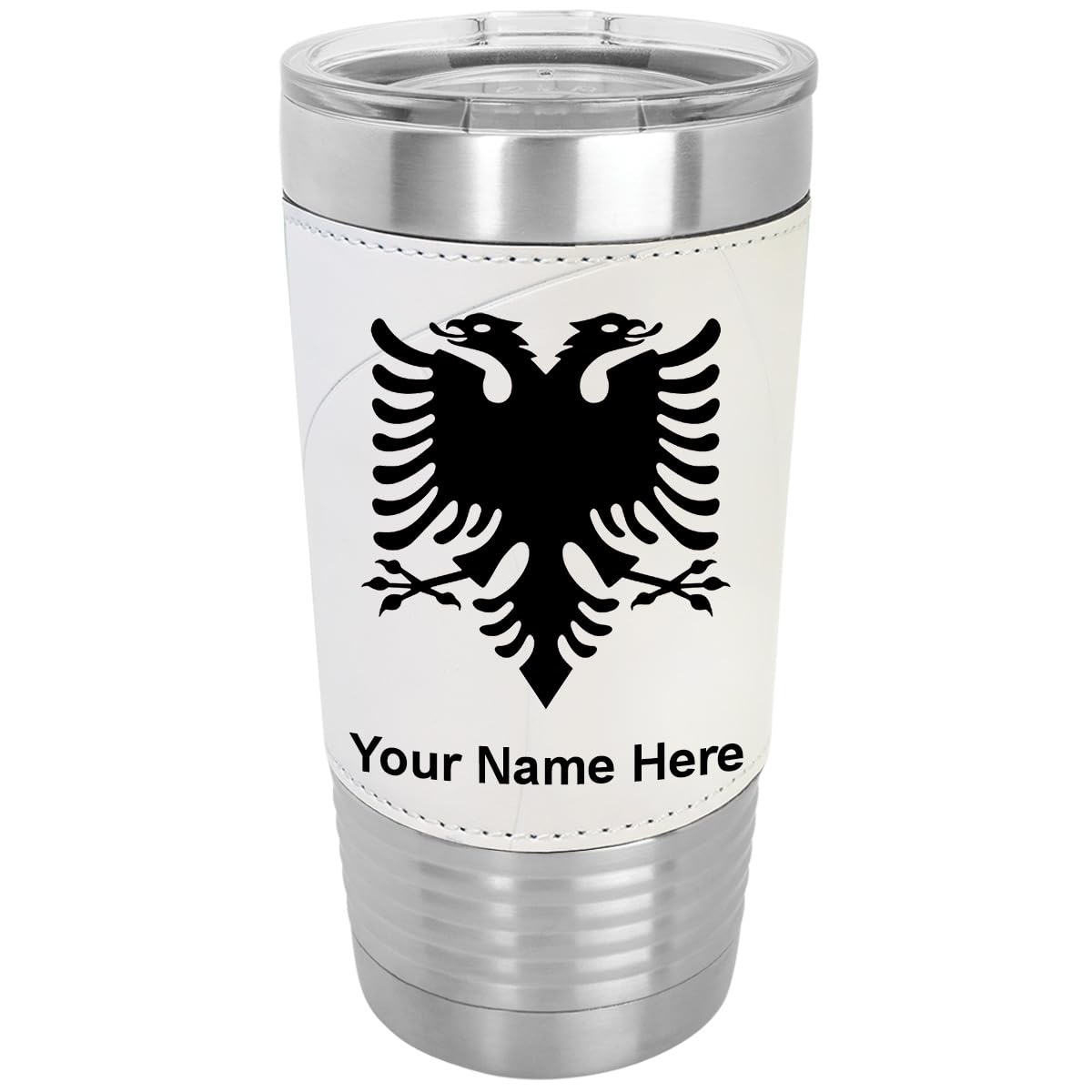 LaserGram 20oz Vacuum Insulated Tumbler Mug, Flag of Albania, Personalized Engraving Included (Faux Leather, Volleyball Style)