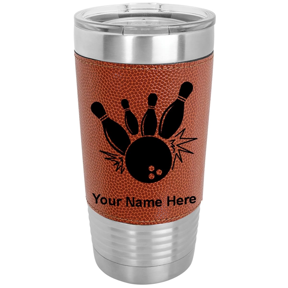 LaserGram 20oz Vacuum Insulated Tumbler Mug, Bowling Ball and Pins, Personalized Engraving Included (Faux Leather, Basketball Style)