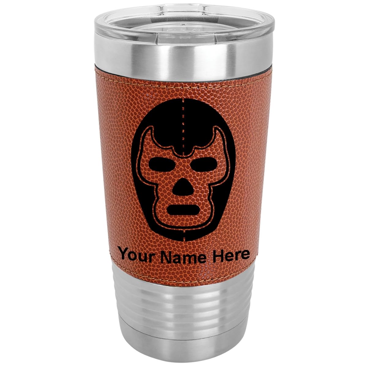 LaserGram 20oz Vacuum Insulated Tumbler Mug, Luchador Mask, Personalized Engraving Included (Faux Leather, Basketball Style)