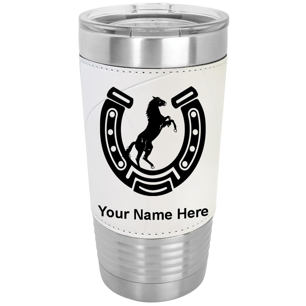 LaserGram 20oz Vacuum Insulated Tumbler Mug, Horseshoe with Horse, Personalized Engraving Included (Faux Leather, Volleyball Style)